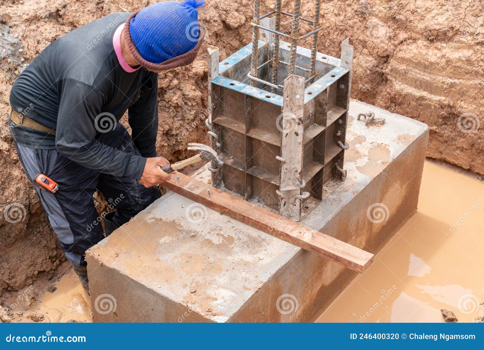 Worker Hit Nails on Wood Bar for Support Pole Formwork Stock Photo ...