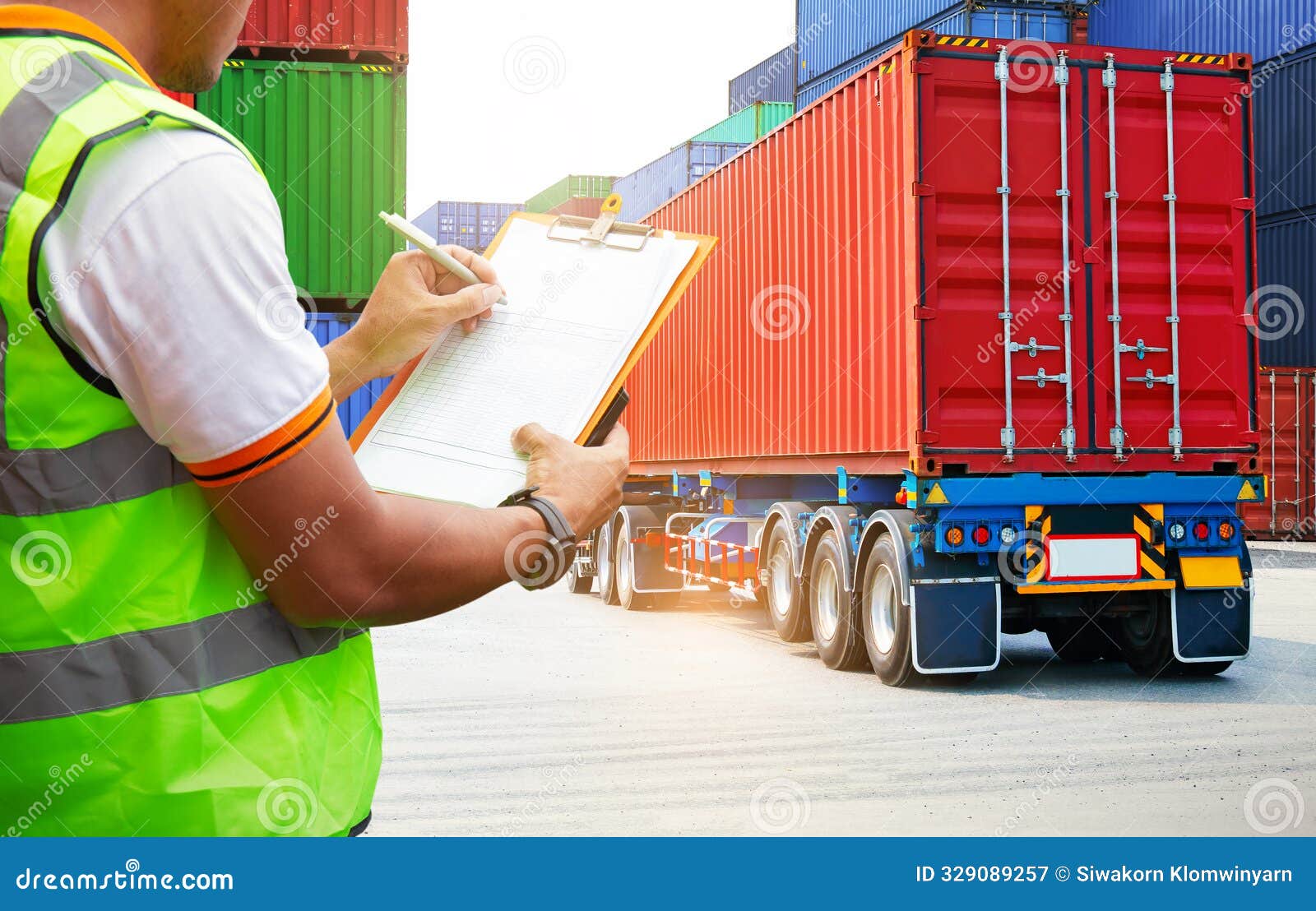 Worker Holding Clipboard Inspects Container Trucks. Shipping Cargo ...