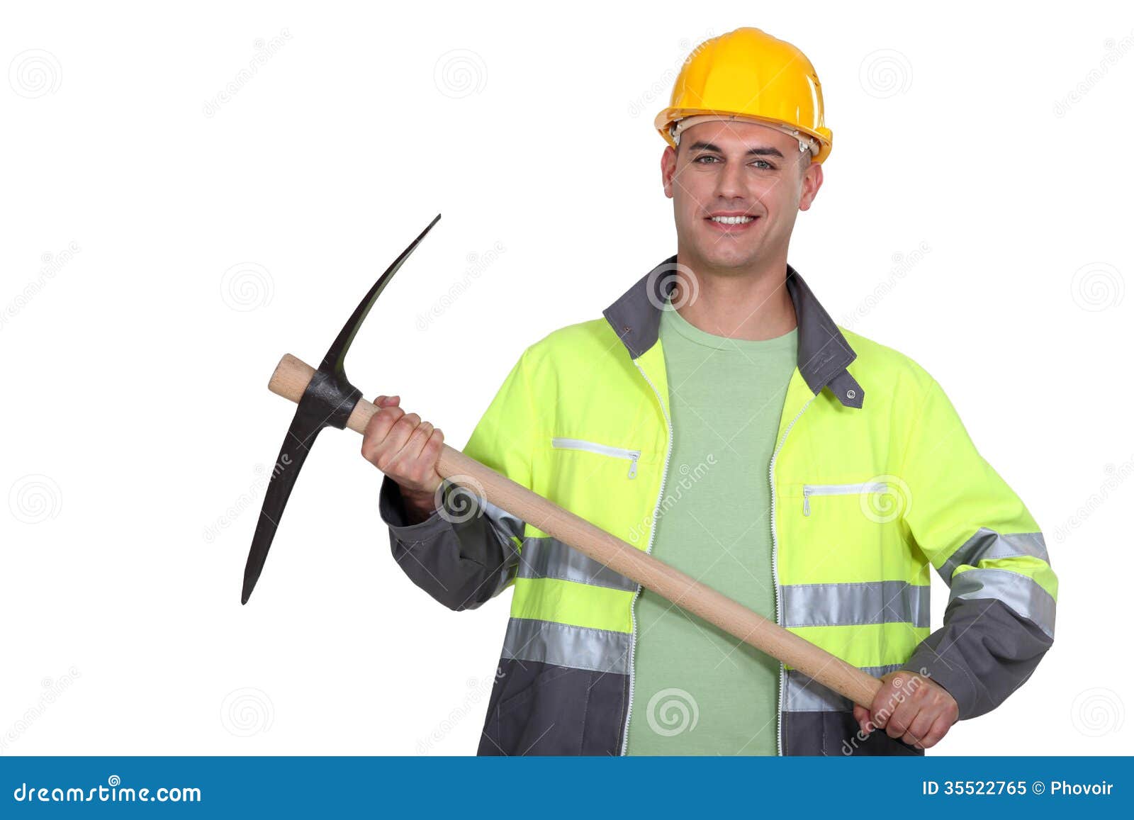 Worker holding pickaxe stock image. Image of helmet, industry - 35522765