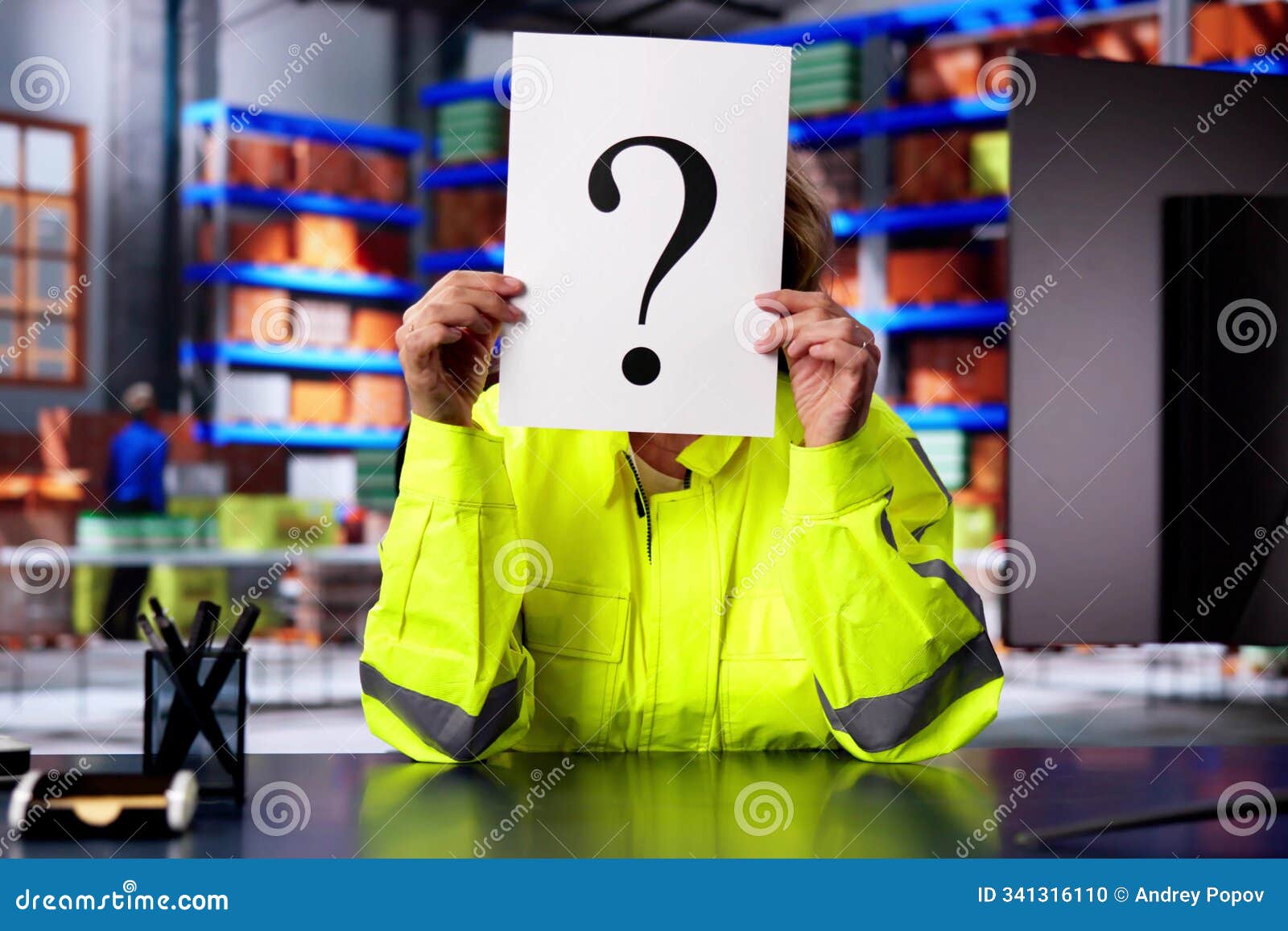 Worker Holding Placard With Question Mark Sign In Front Stock ...