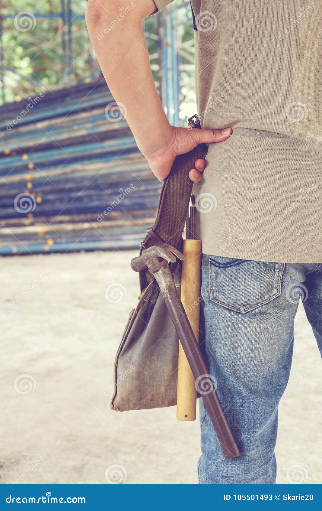 Worker Holding Tool Bag in Construction Site Stock Image - Image of ...