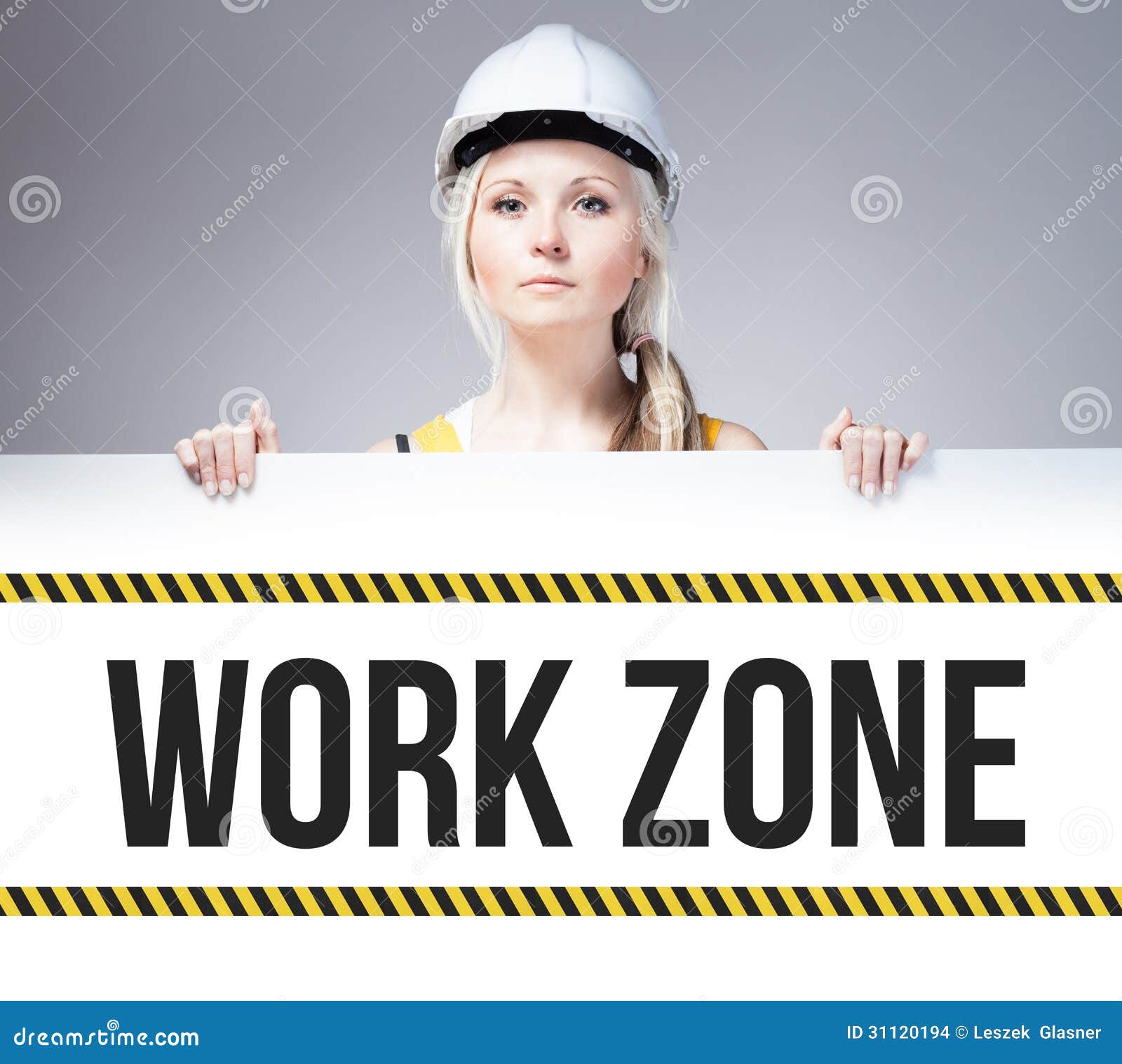 Worker Holding Work Zone Sign on Information Board Stock Photo - Image ...