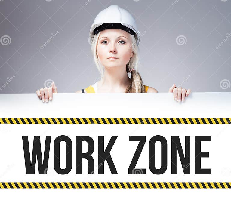 Worker Holding Work Zone Sign on Information Board Stock Photo - Image ...