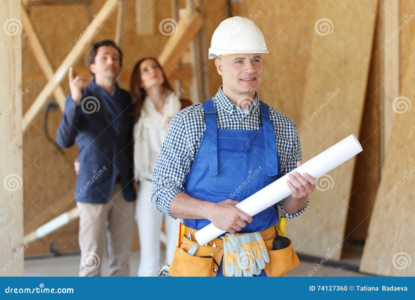 Worker and House Design Plans Stock Photo - Image of happy, site: 74127360