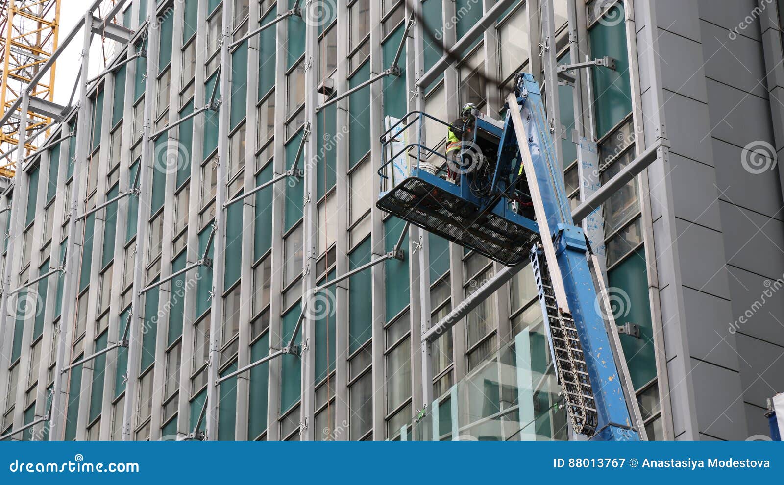 Worker Hydraulic Crane Installing Windows Stock Image - Image of ...
