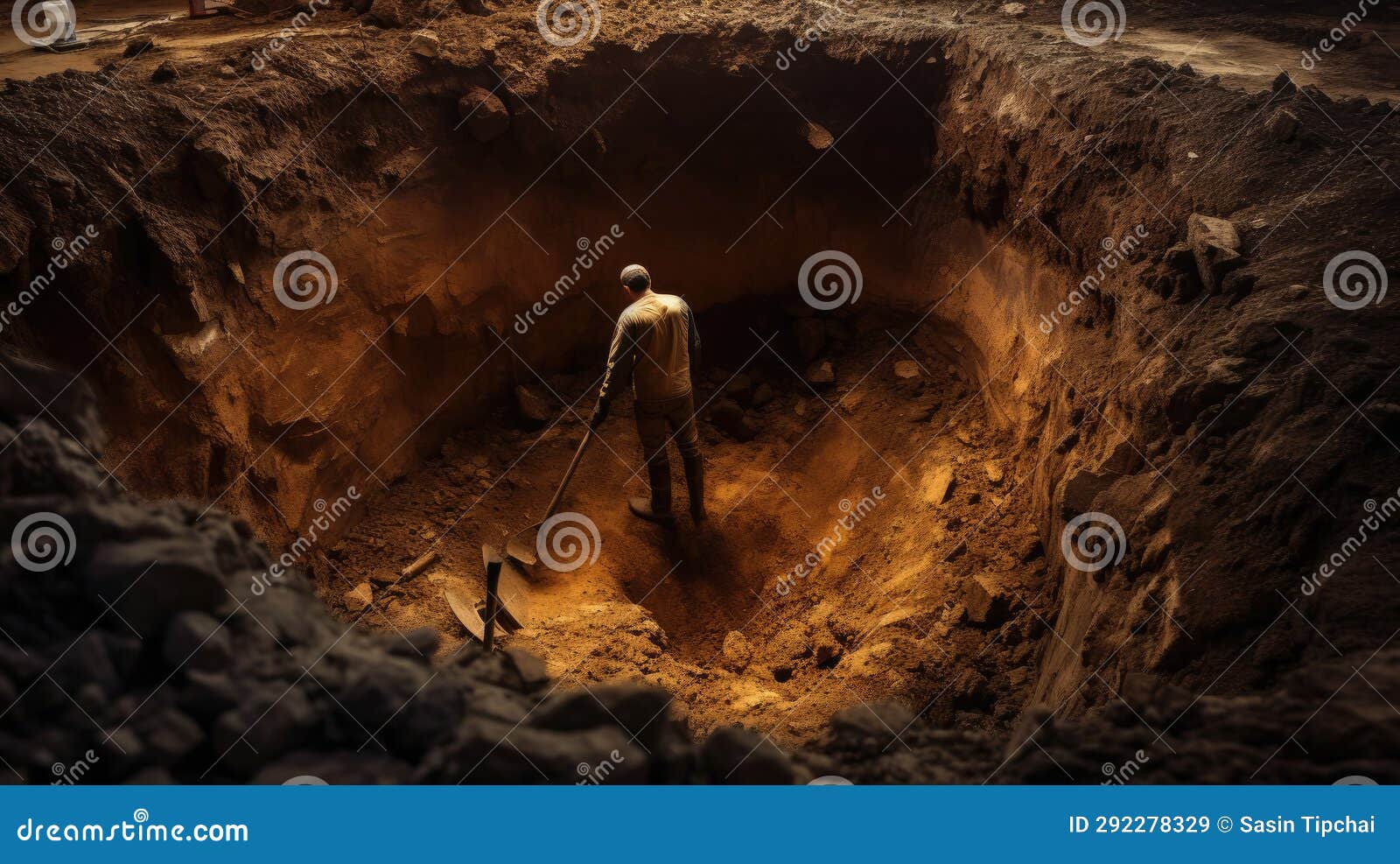 Worker Inside a Large Hole Digging with a Shovel Stock Illustration ...
