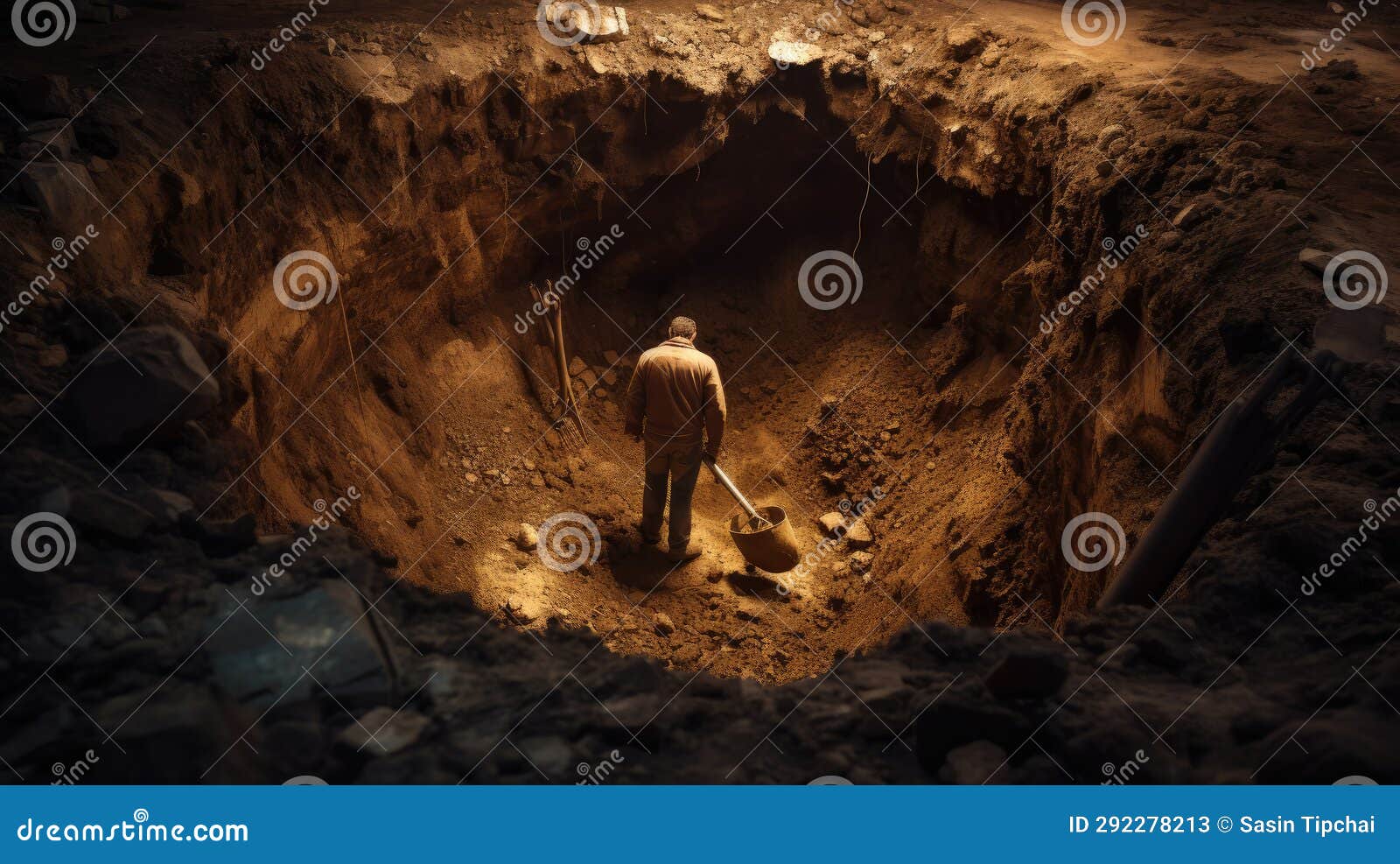 Worker Inside a Large Hole Digging with a Shovel Stock Illustration ...