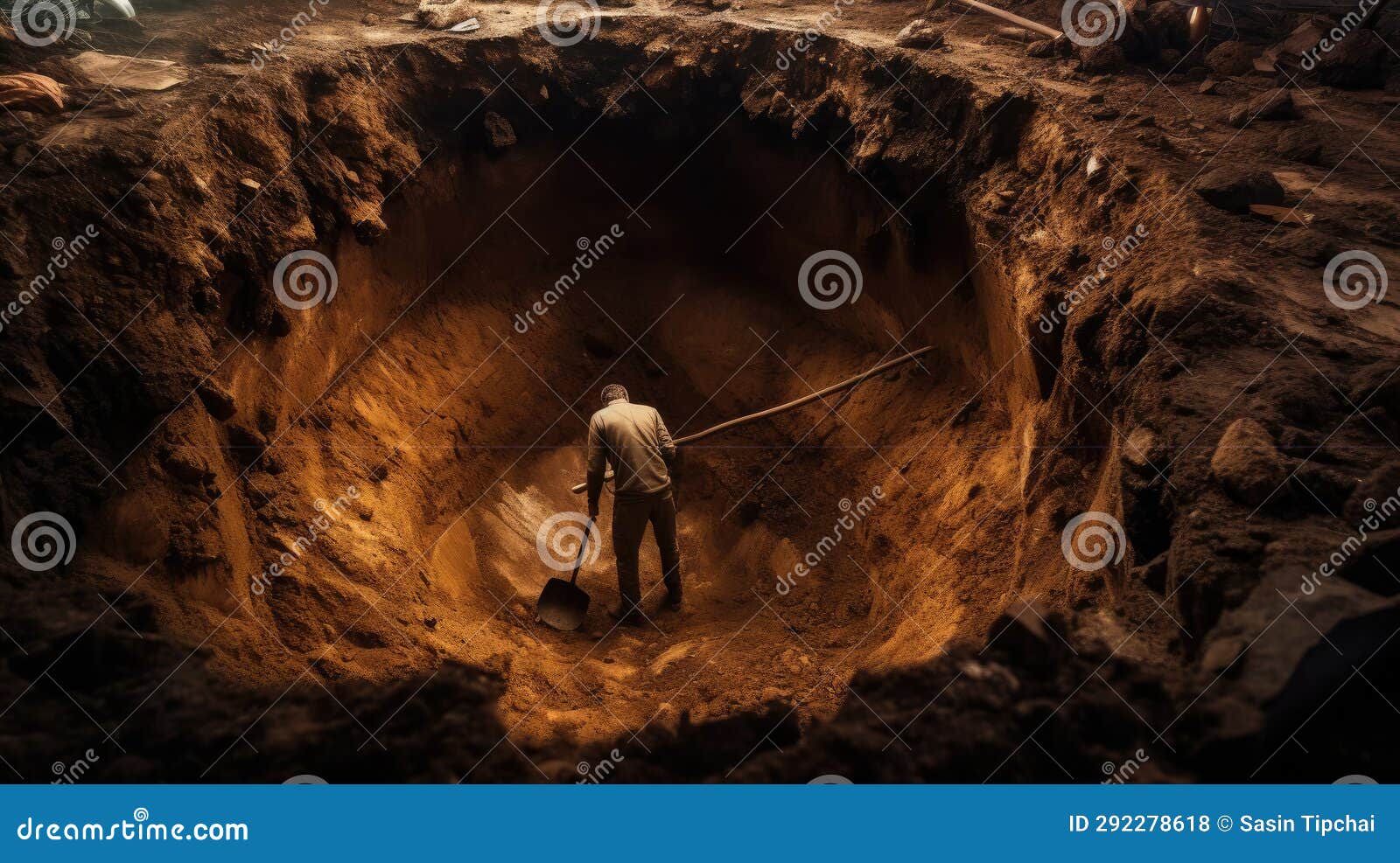 Worker Inside a Large Hole Digging with a Shovel Stock Illustration ...