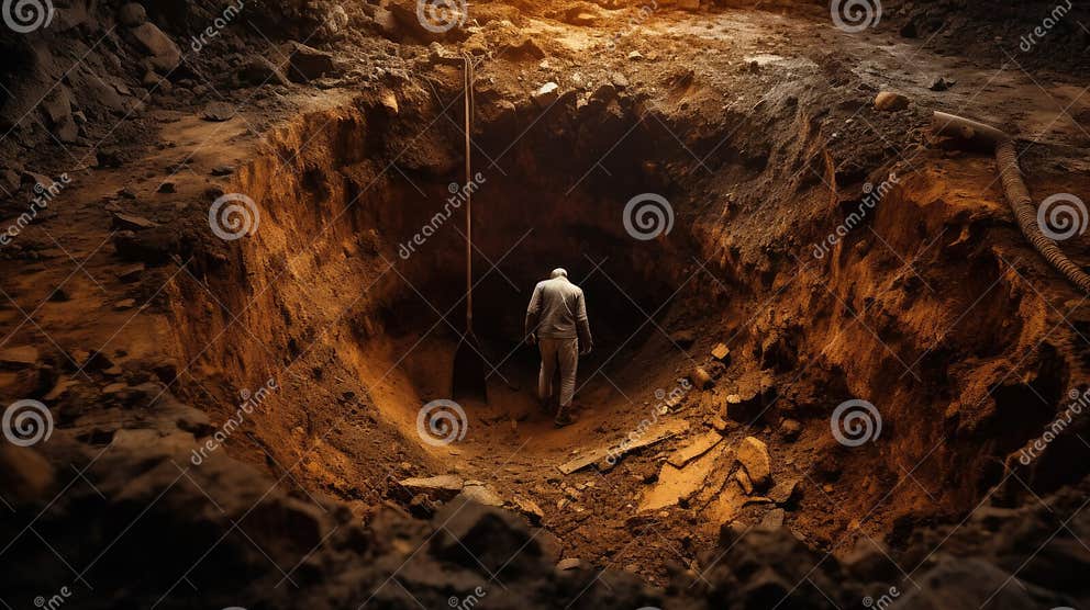 Worker Inside a Large Hole Digging with a Shovel Stock Illustration ...