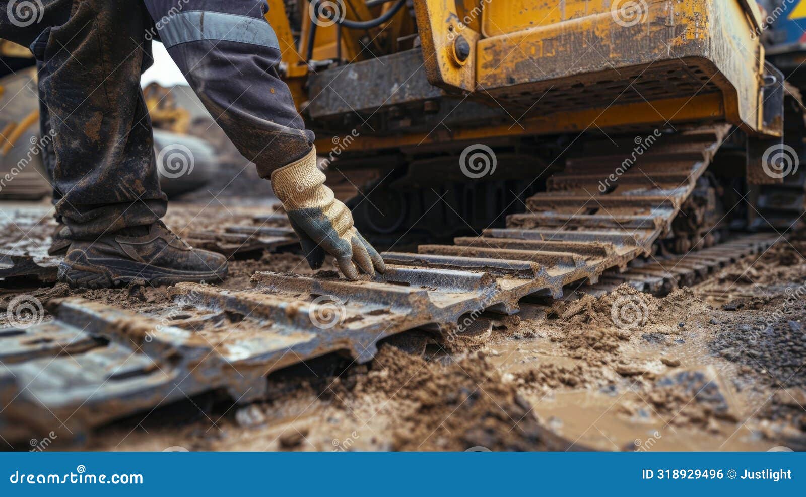 A Worker Inspecting and Replacing Damaged Tracks on a Forklift Keeping ...