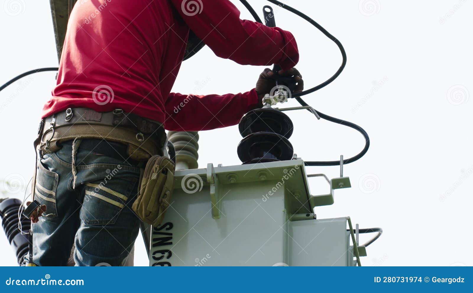 Worker Install a Three-phase Current Transformer on Electric Pole Stock ...
