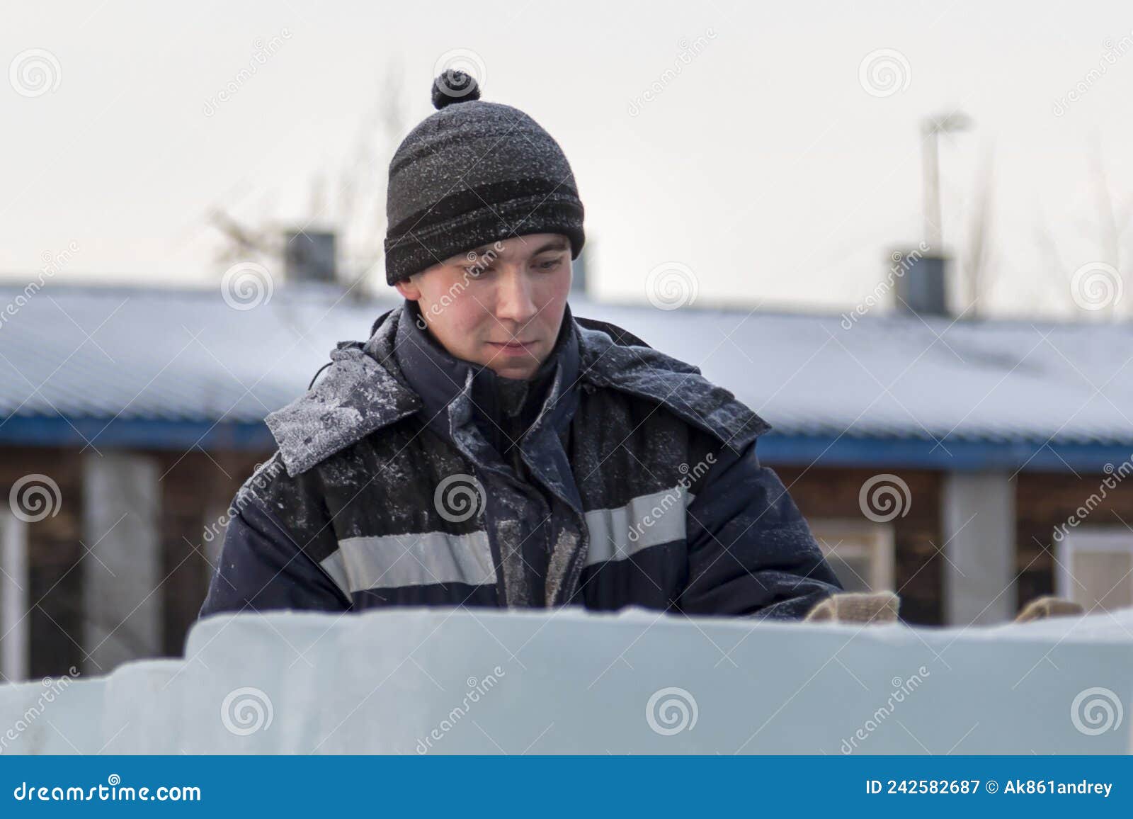 Worker on the Installation of an Ice Panel Stock Image - Image of ...