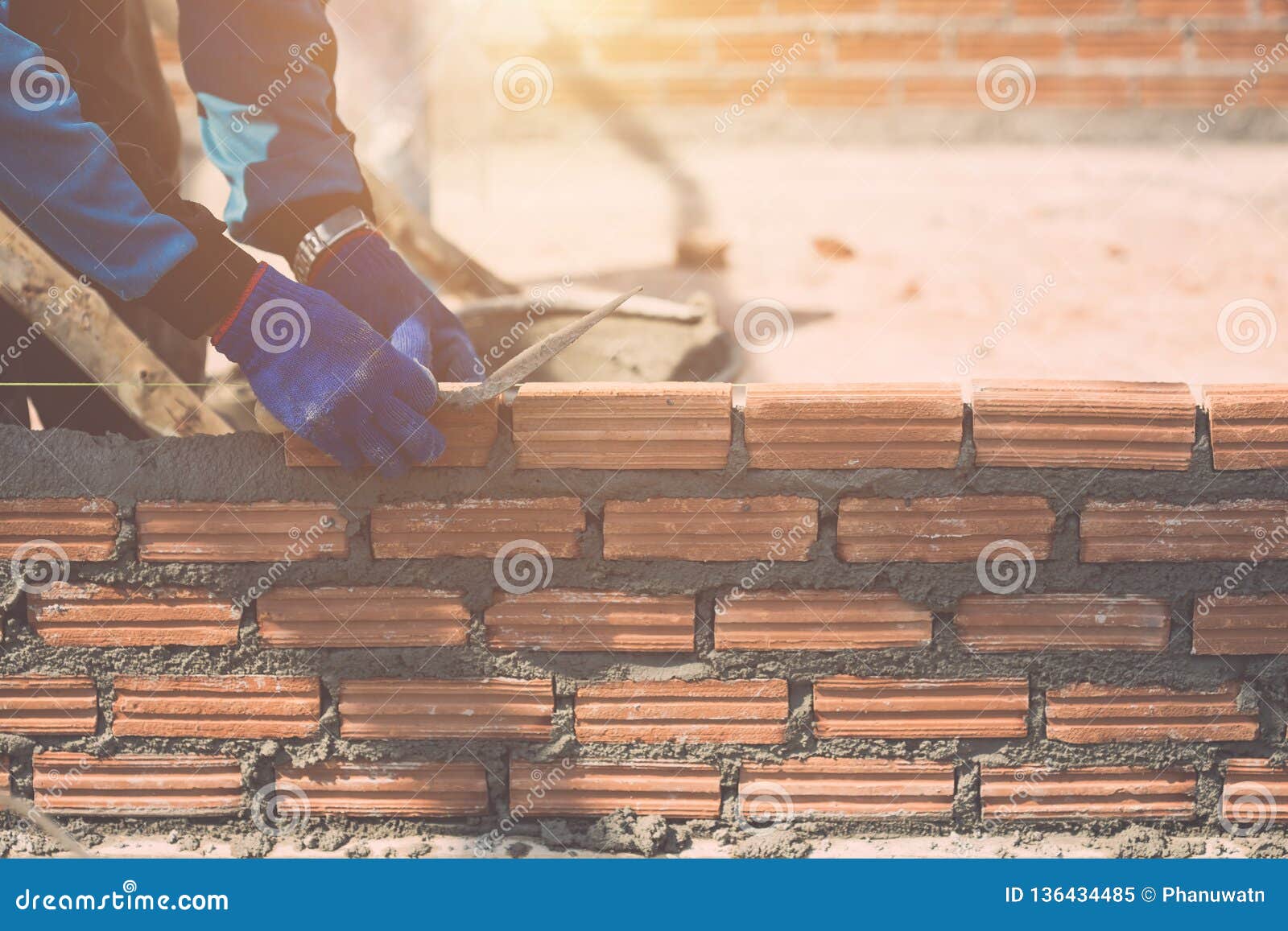 Worker Installing Bricks Wall in Process of House Building Stock Image ...