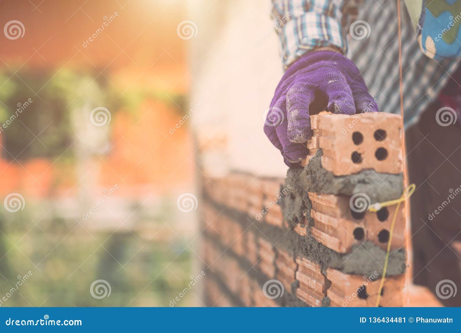 Worker Installing Bricks Wall in Process of House Building Stock Image ...