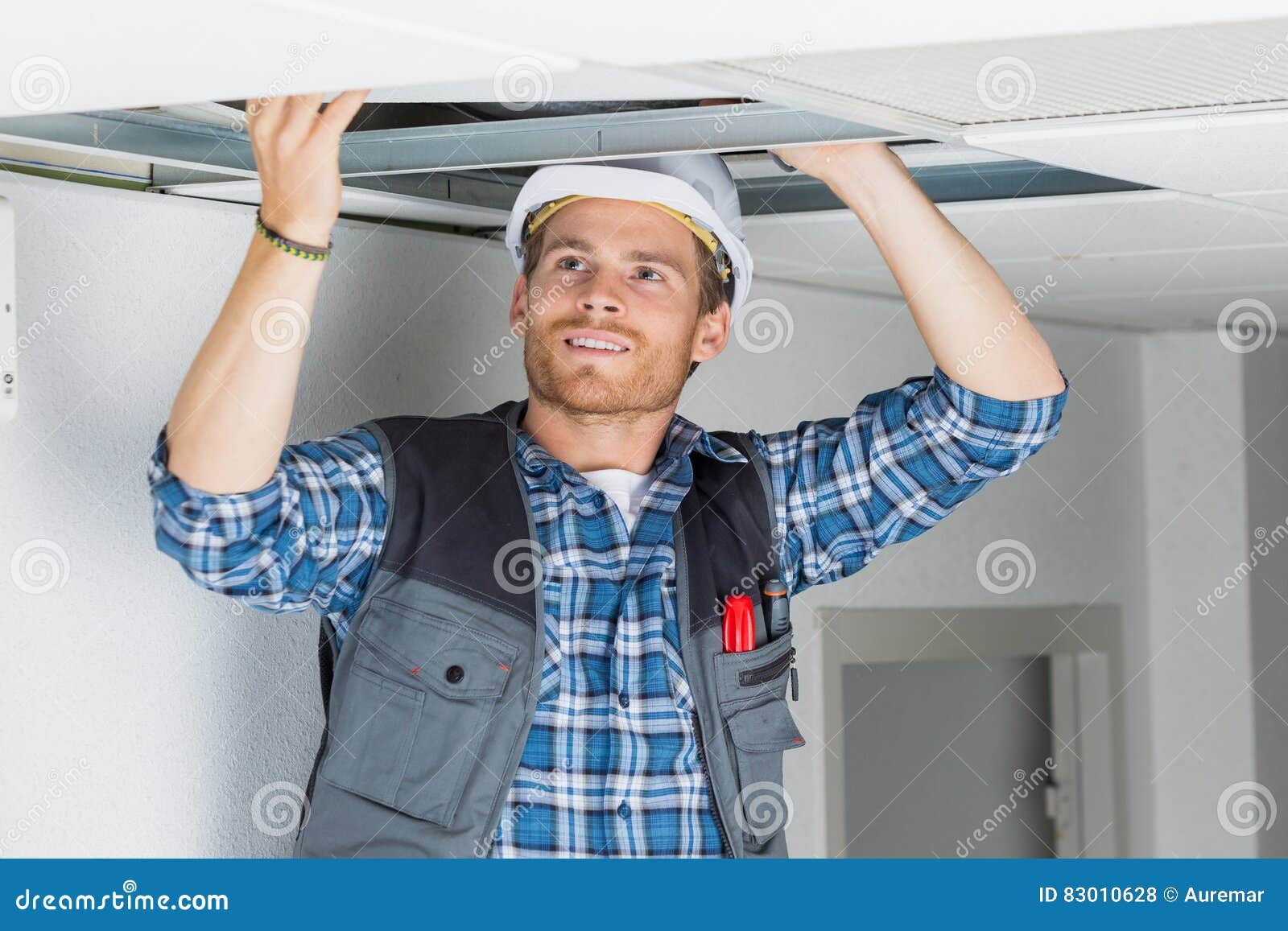 Worker Installing Ceiling Slab in House Stock Photo - Image of ceiling ...