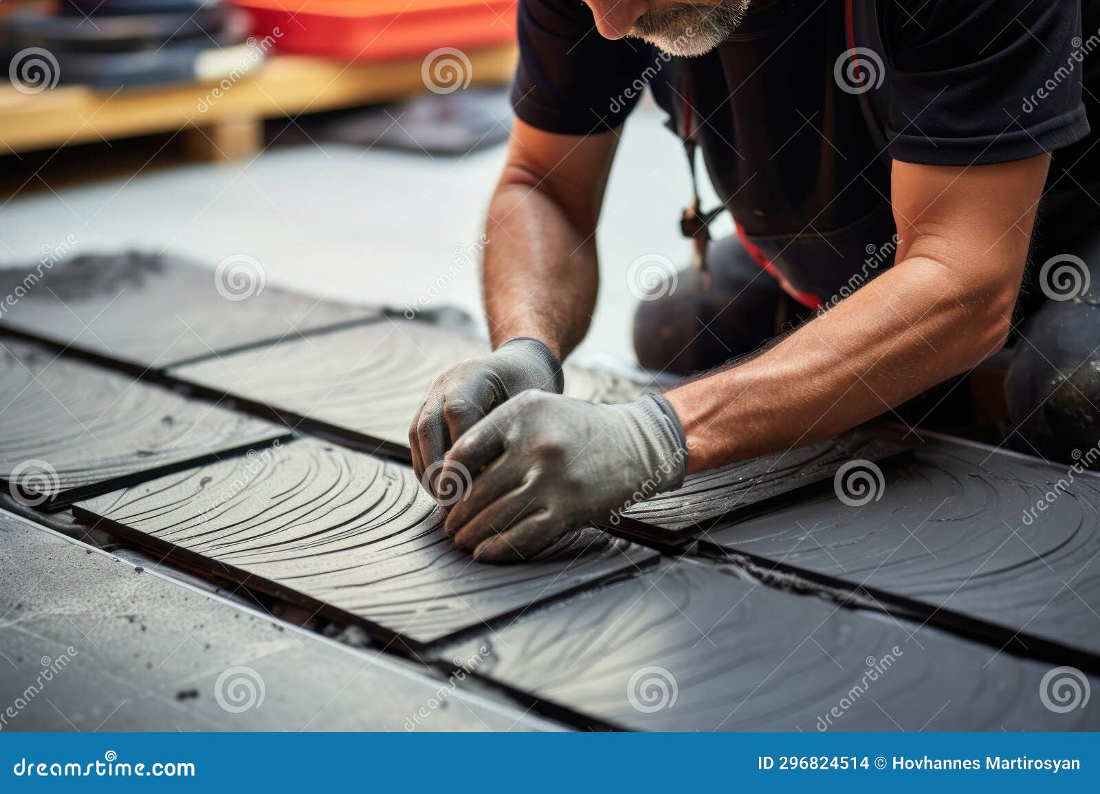 Worker Installing Ceramic Tiles. Construction and Architecture Concept ...