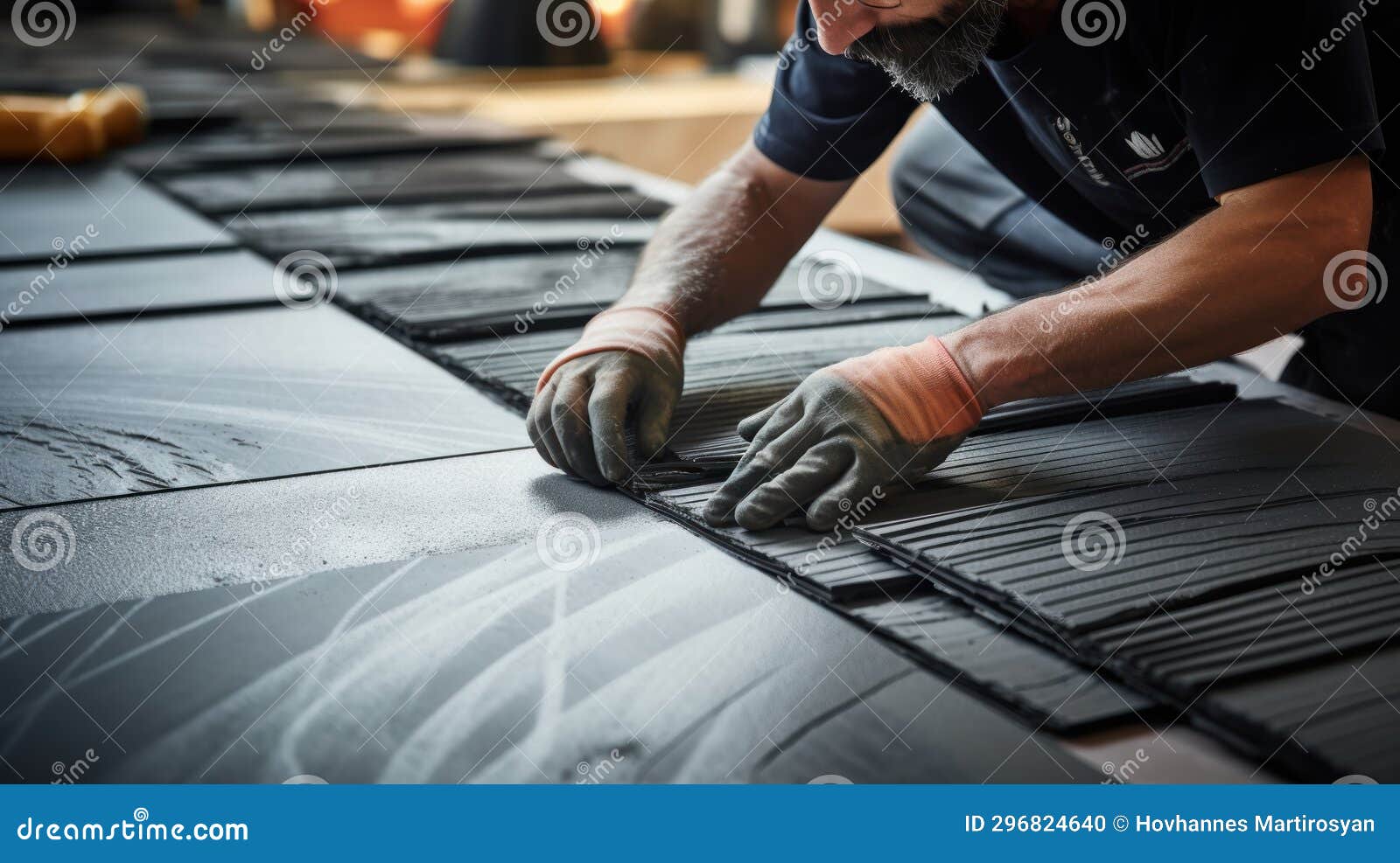 Worker Installing Ceramic Tiles. Construction and Architecture Concept ...