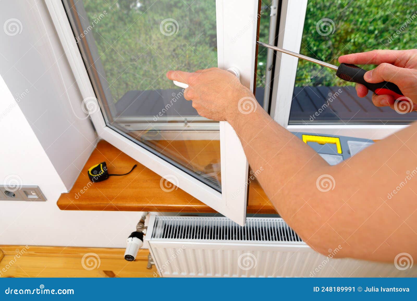 The Worker Installing and Checking Window in the House Stock Image ...