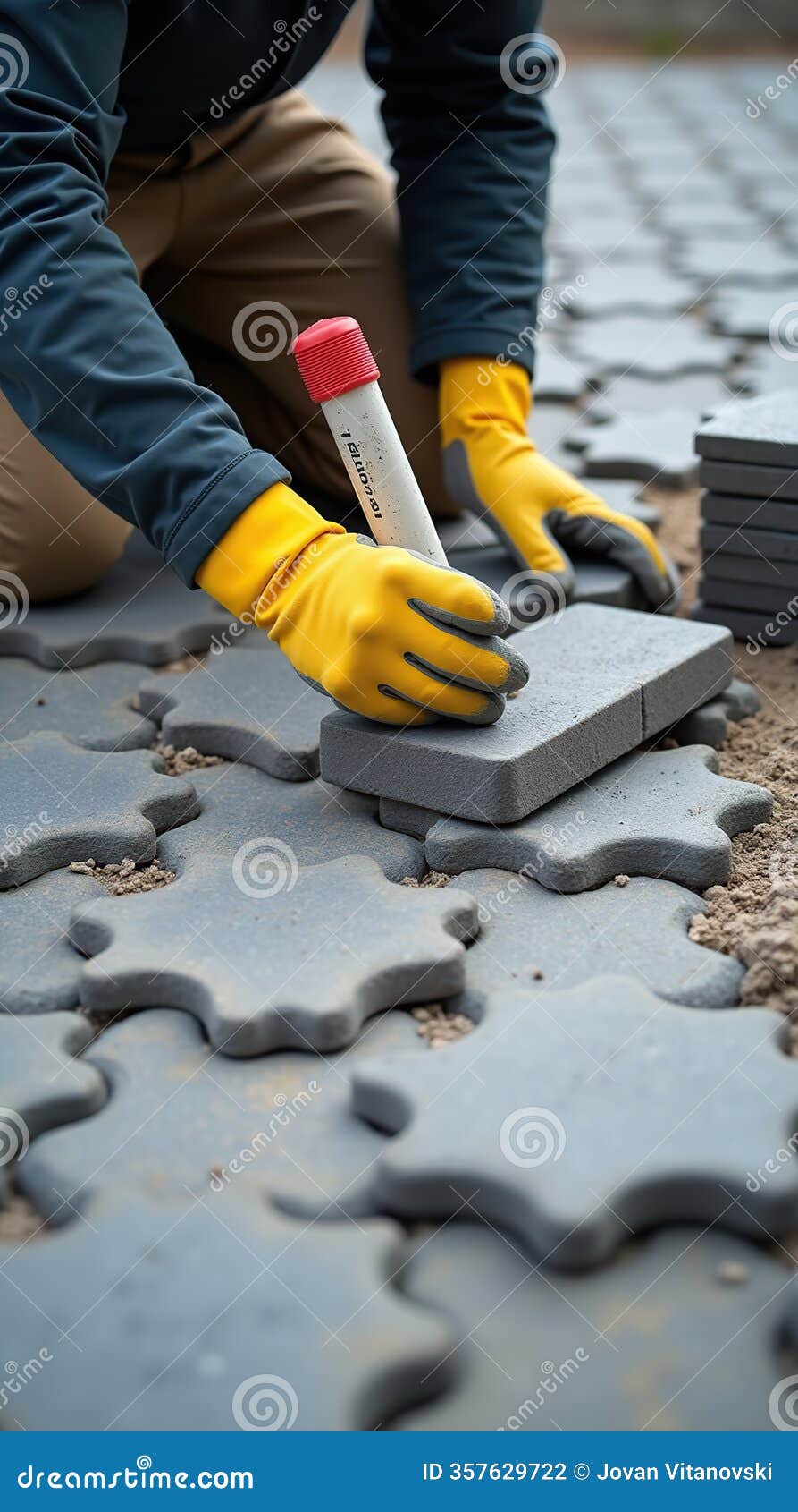 Worker Installing Interlocking Paving Stones with Precision and ...
