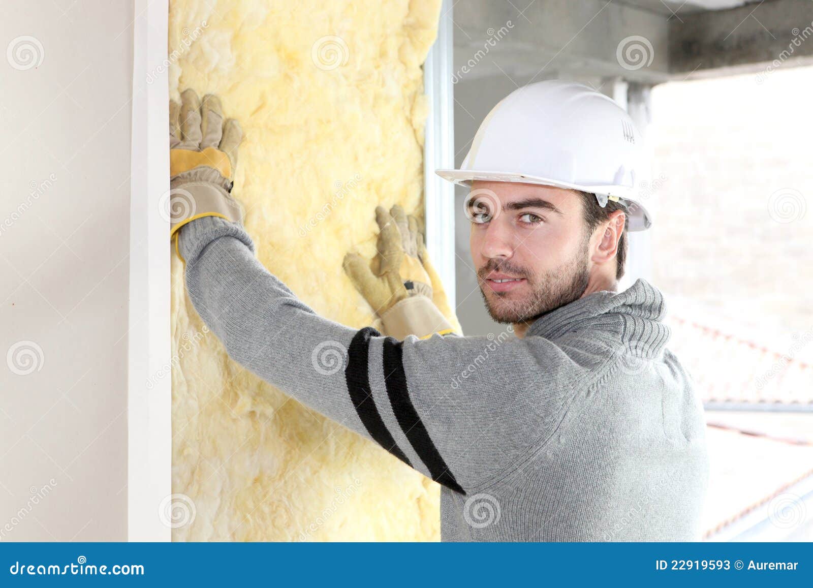 Worker Installing New Insulation Stock Image - Image of sweater, hard ...
