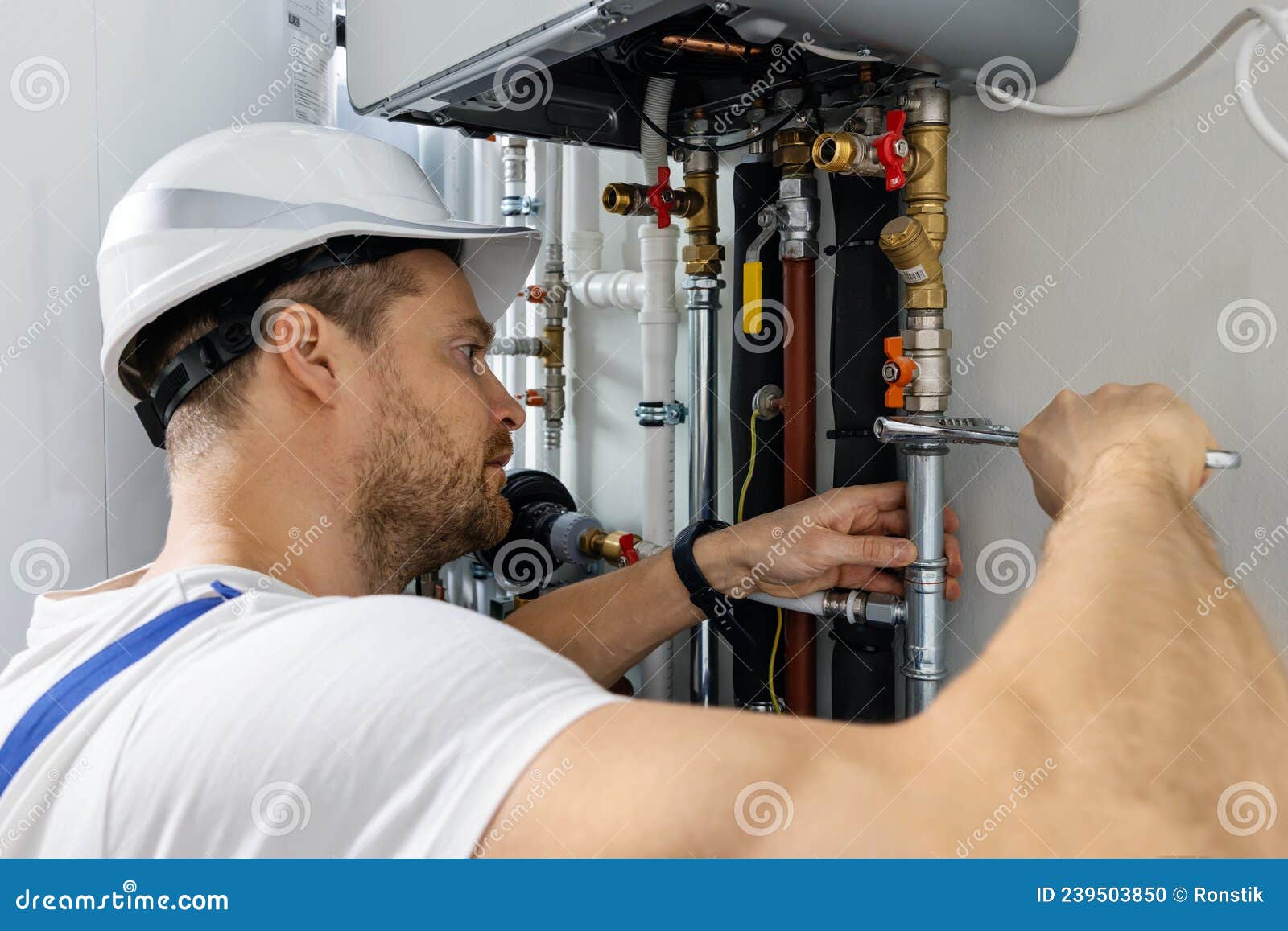 Worker Installing Pipes of House Gas Heating Boiler Stock Photo - Image ...