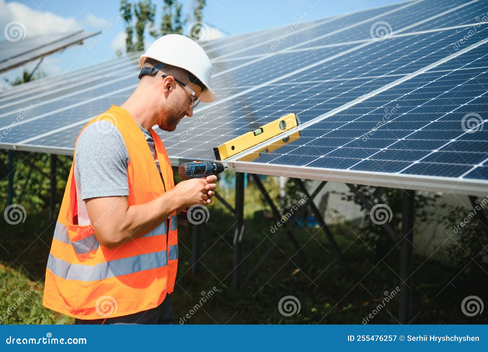 Worker Installing Solar Panels Outdoors Stock Image - Image of safety ...