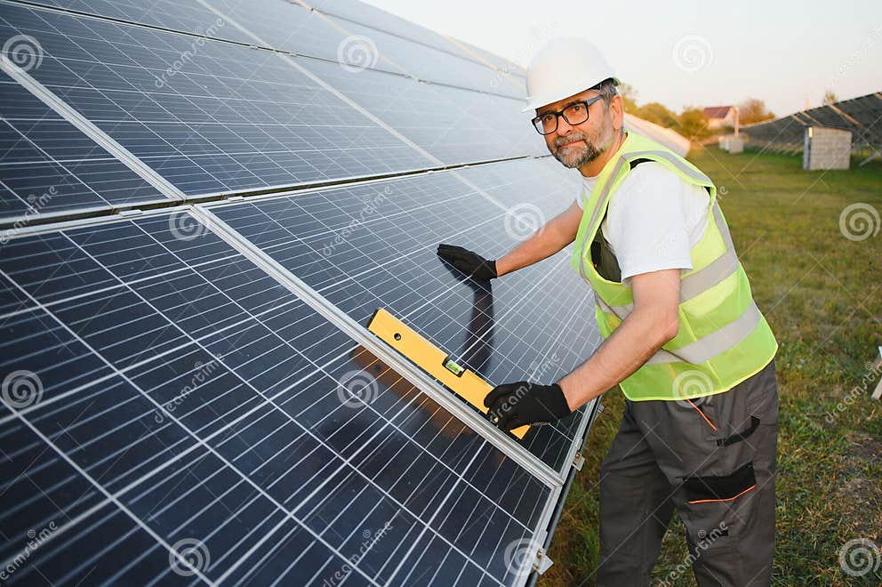 Worker Installing Solar Panels Outdoors Stock Photo - Image of energy ...