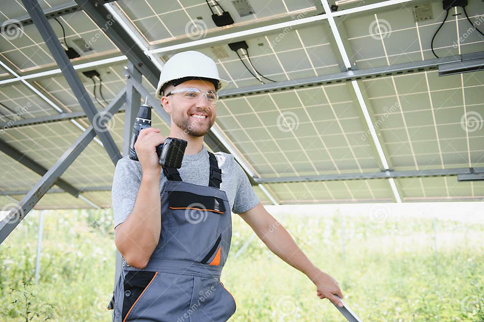 Worker Installing Solar Panels Outdoors Stock Image - Image of engineer ...