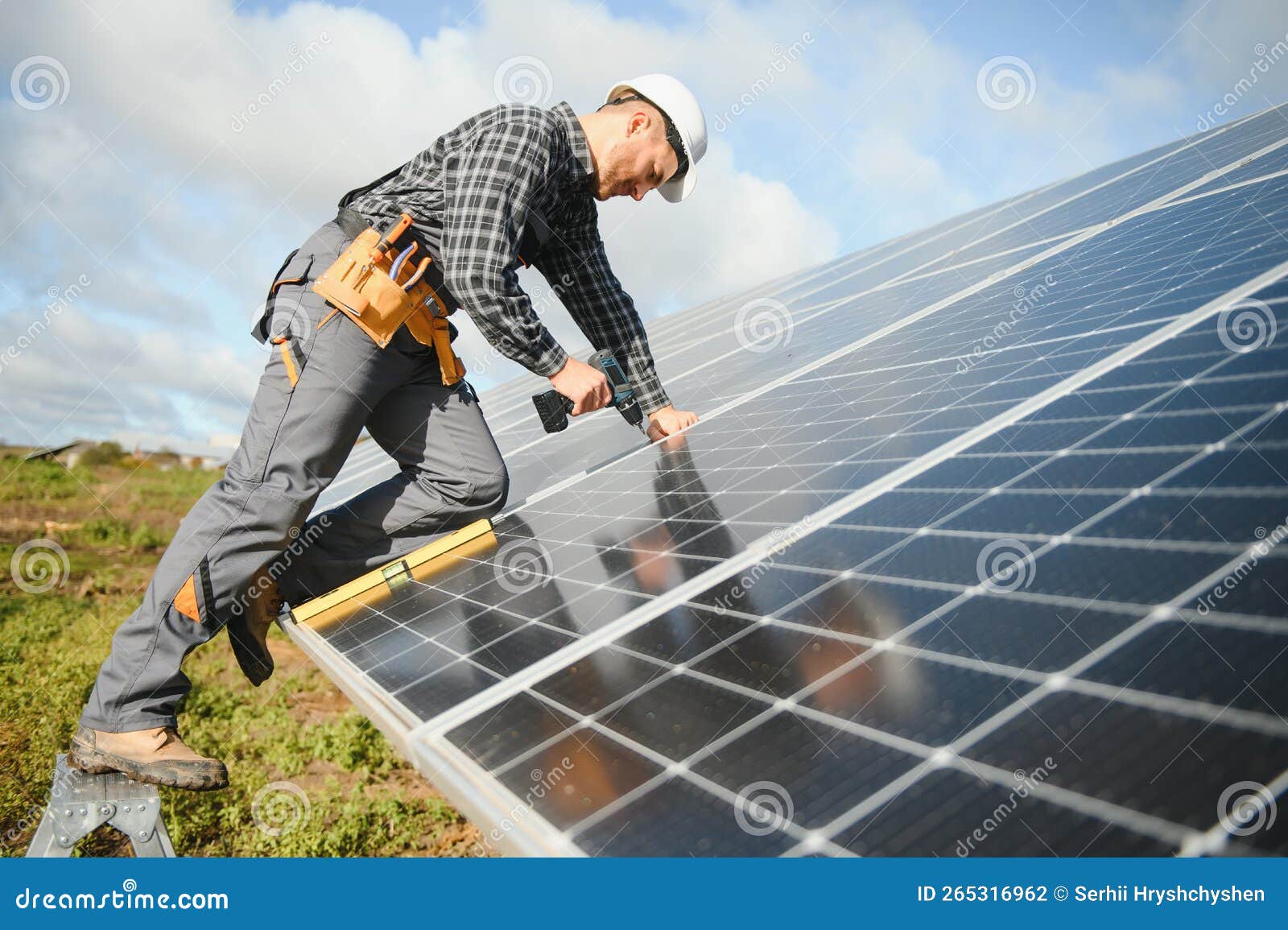 Worker Installing Solar Panels Outdoors Stock Photo - Image of green ...