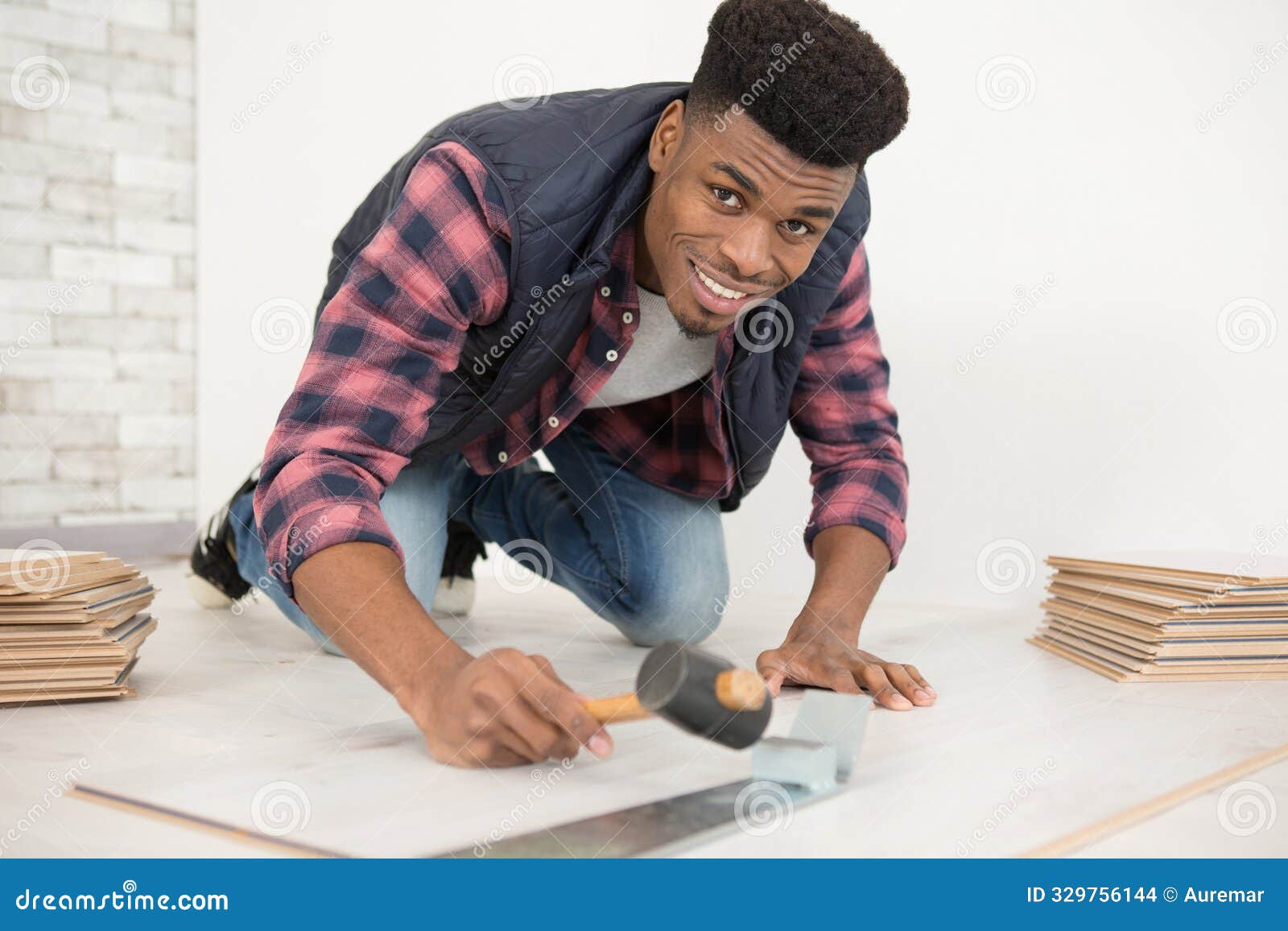 Worker Installing Timber Laminate Floor Stock Photo - Image of panel ...