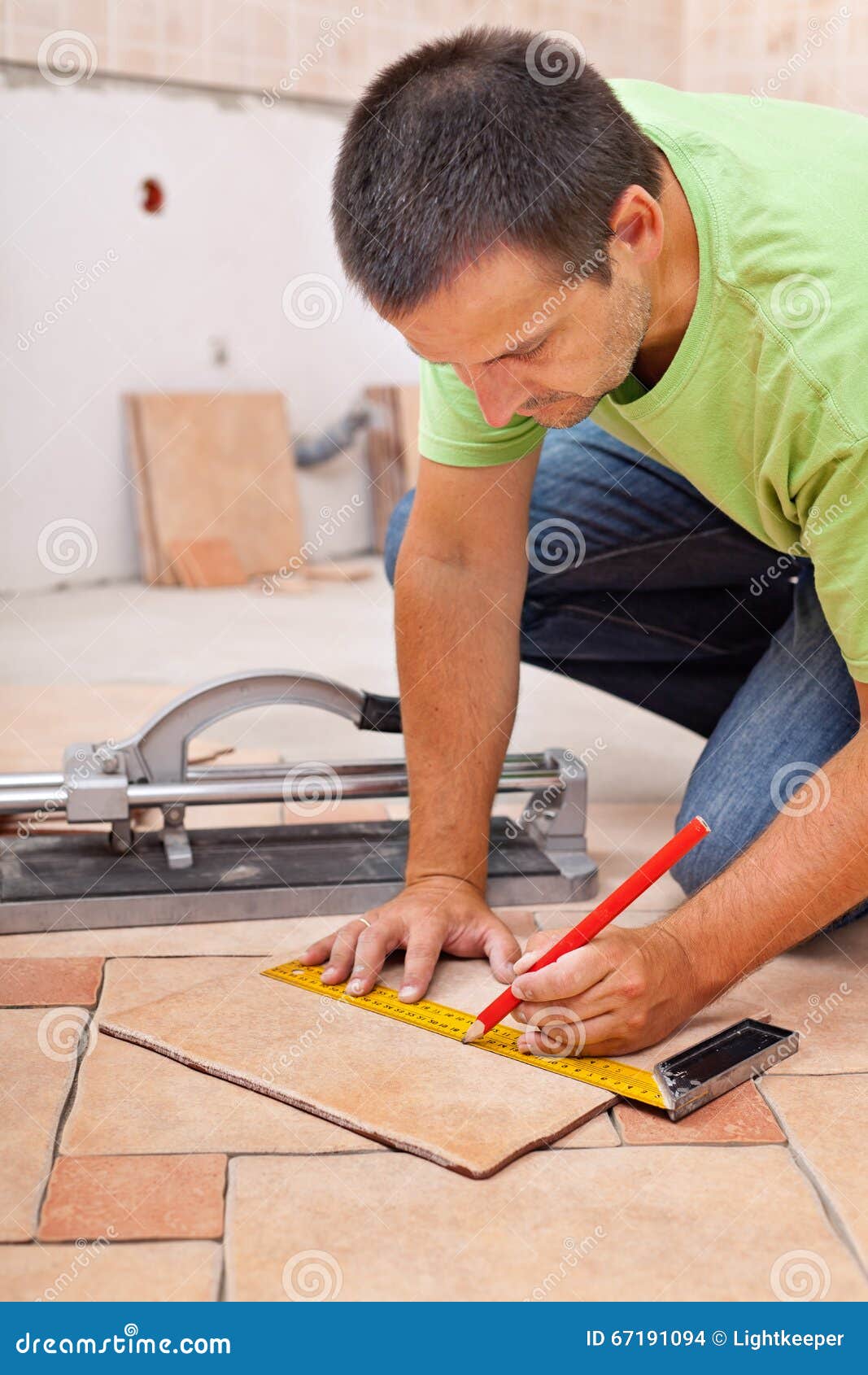 Worker Installs Ceramic Tiles Stock Photo - Image of beige, installing ...