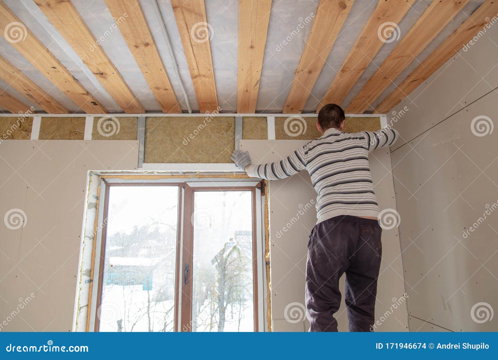 Worker Installs Drywall on the Walls in the Room Editorial Stock Image ...