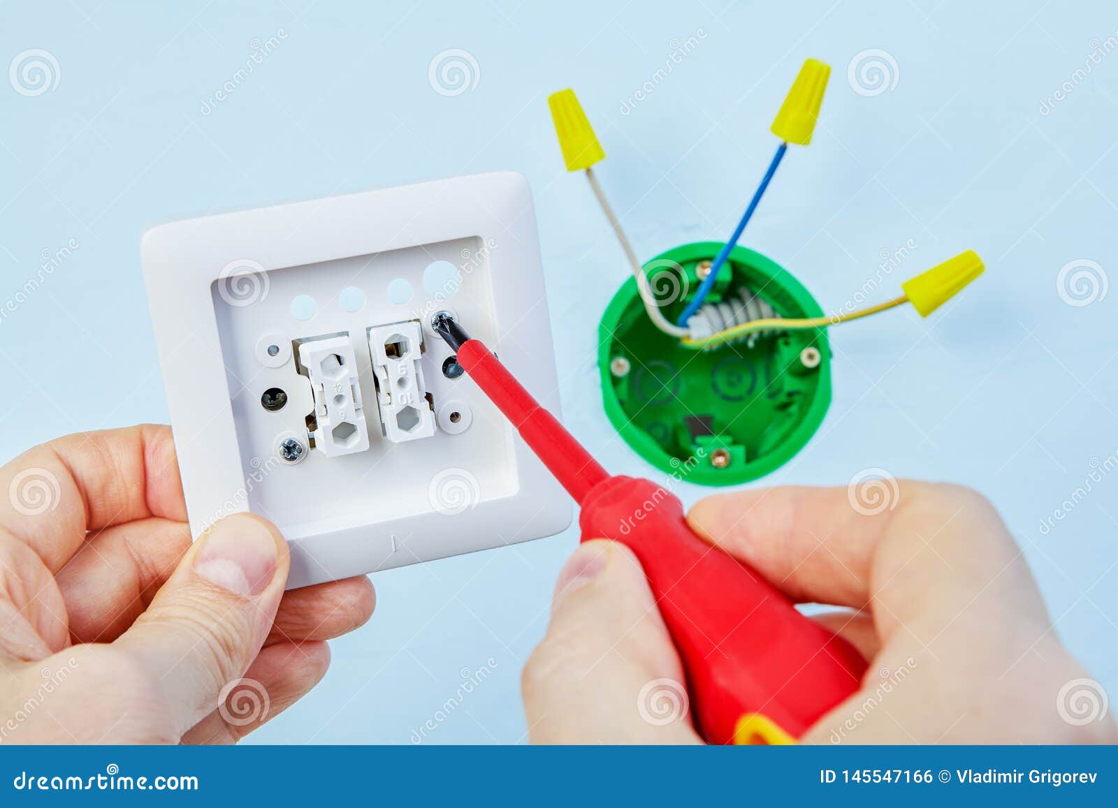 Worker Installs Two-button Switch Stock Photo - Image of plug, energy ...