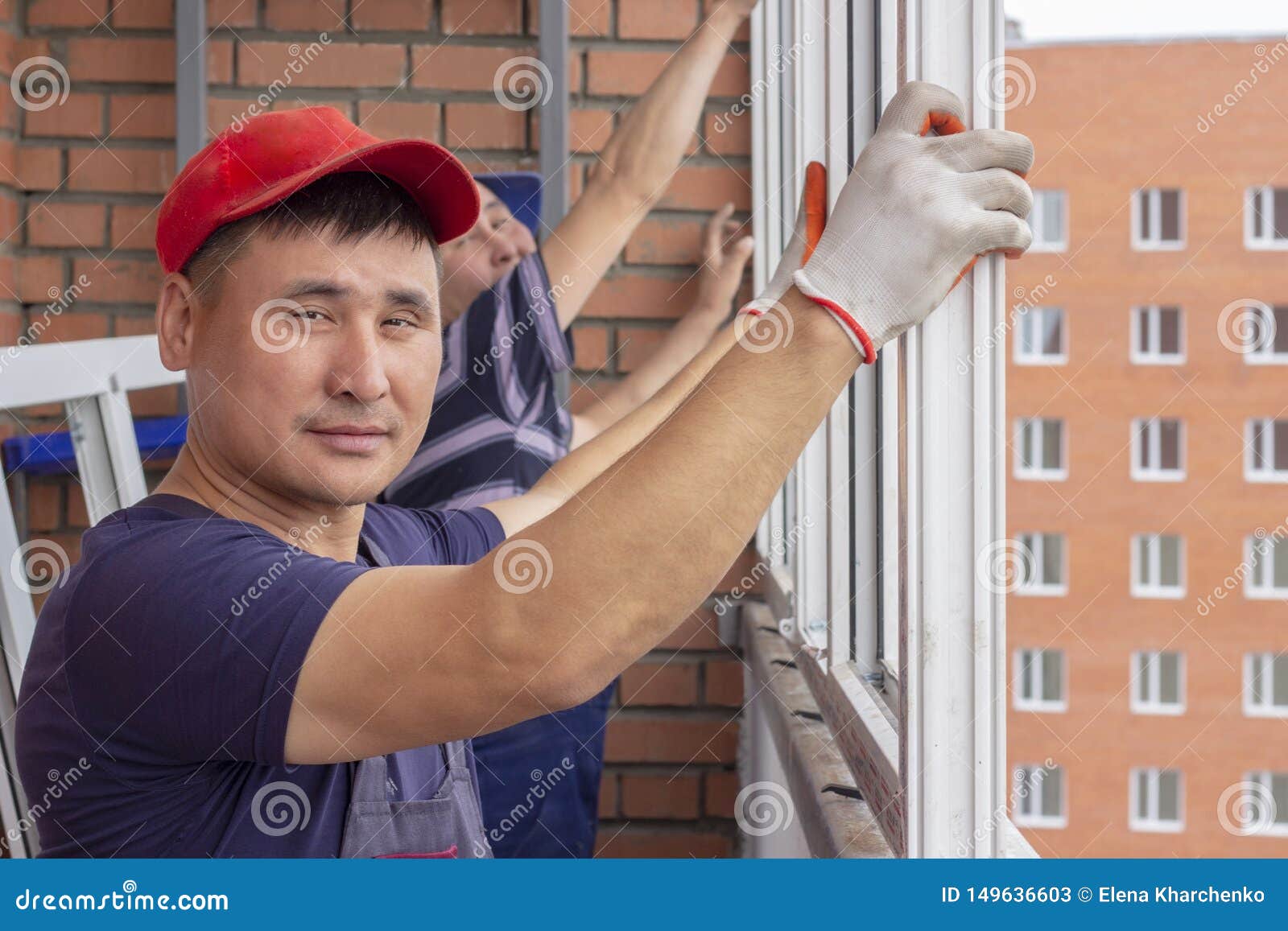 Worker Installs Windows Repair in High-rise Building Stock Image ...