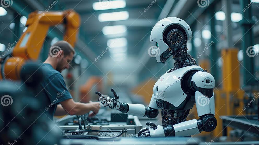 A Worker Interacts with a Humanoid Robot in a Manufacturing Environment ...