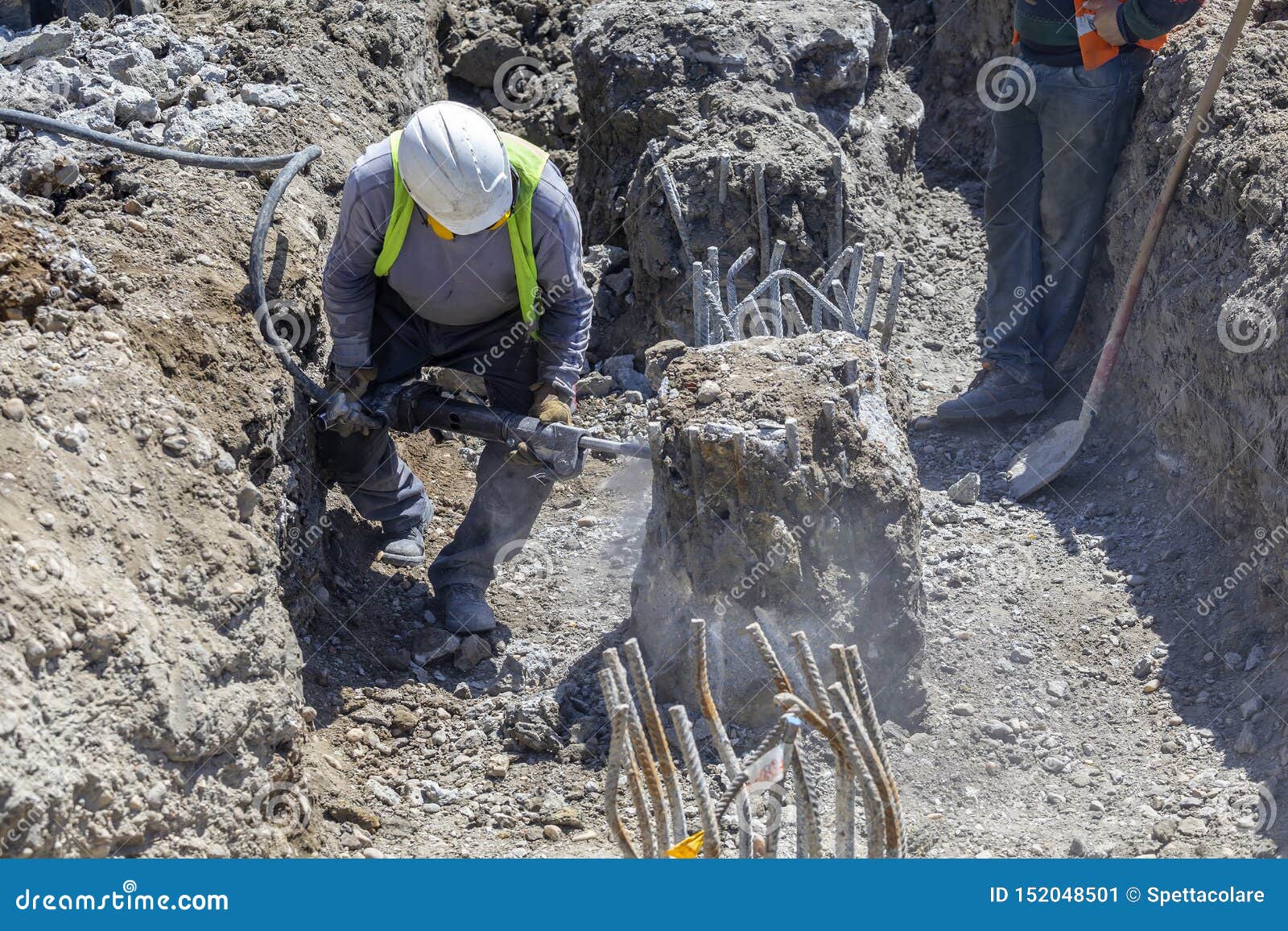 Worker with Jackhammer Break Reinforced Concrete Pillar Stock Image ...