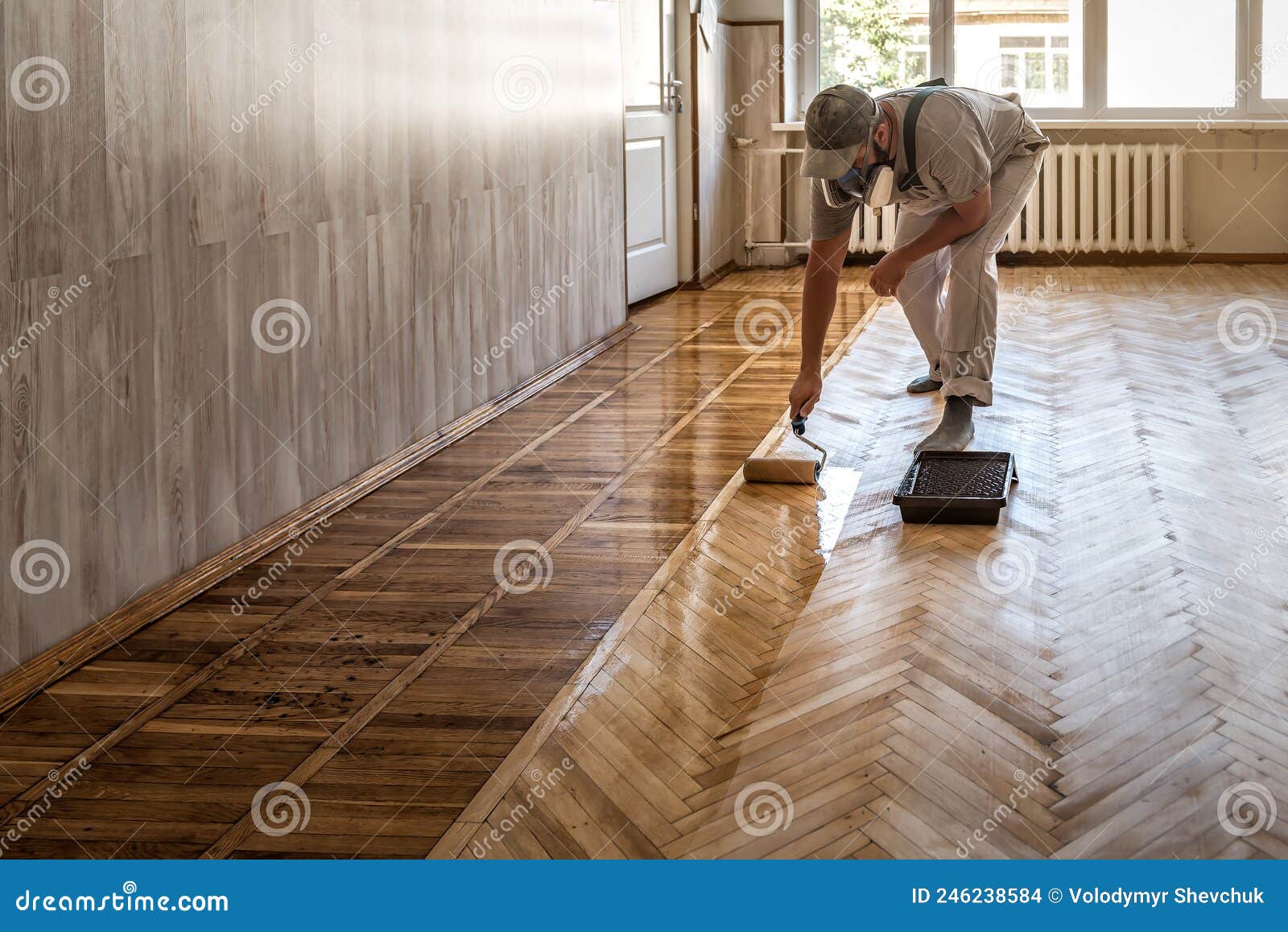 Worker Lacquering Parquet Floors Stock Photo - Image of improvement ...