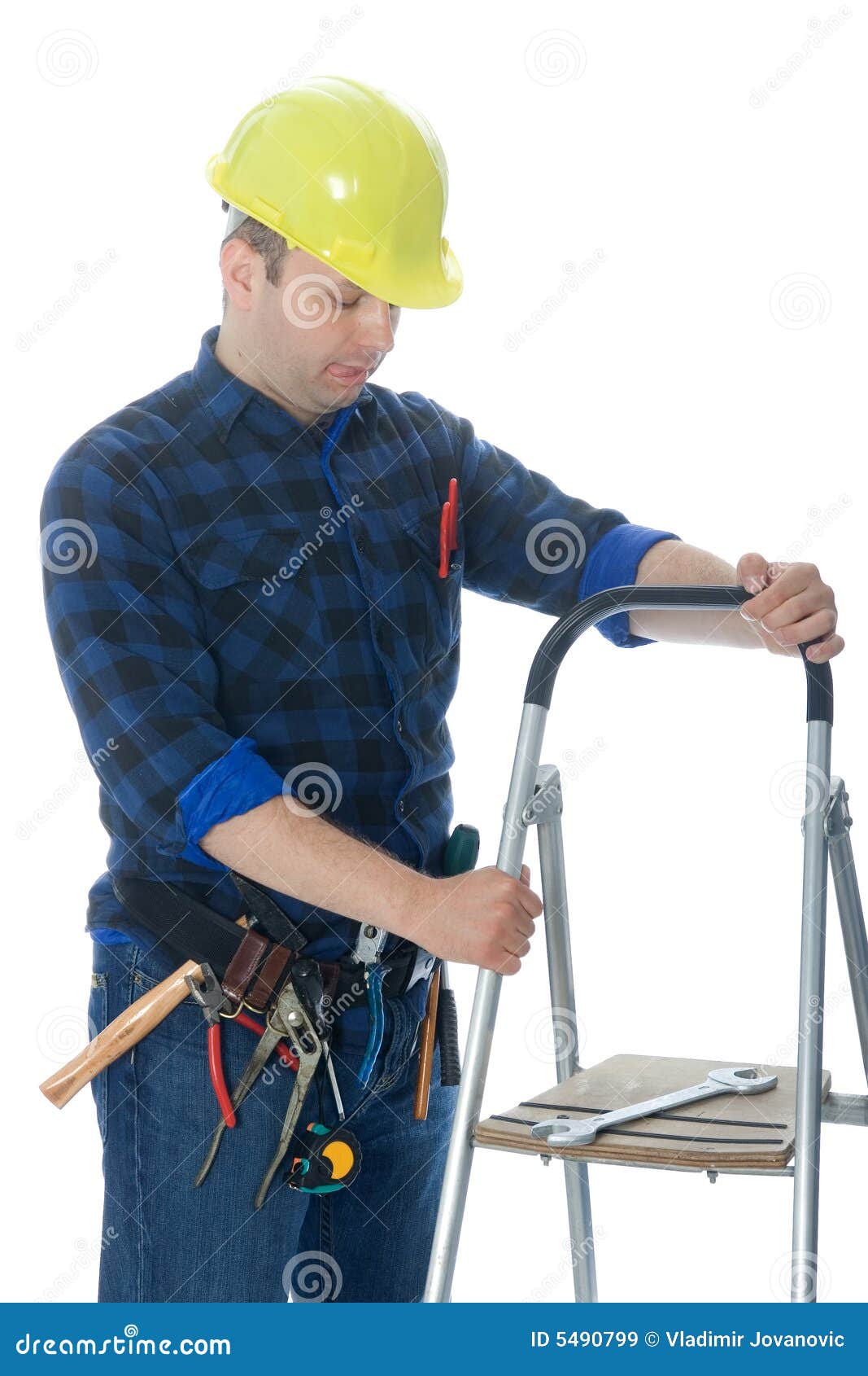 Worker with ladder stock image. Image of isolated, repairman - 5490799