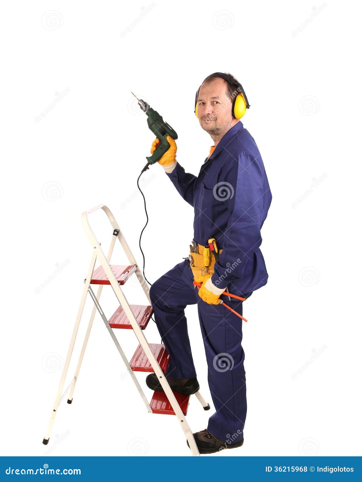 Worker on Ladder with Drill. Stock Photo - Image of background, adult ...