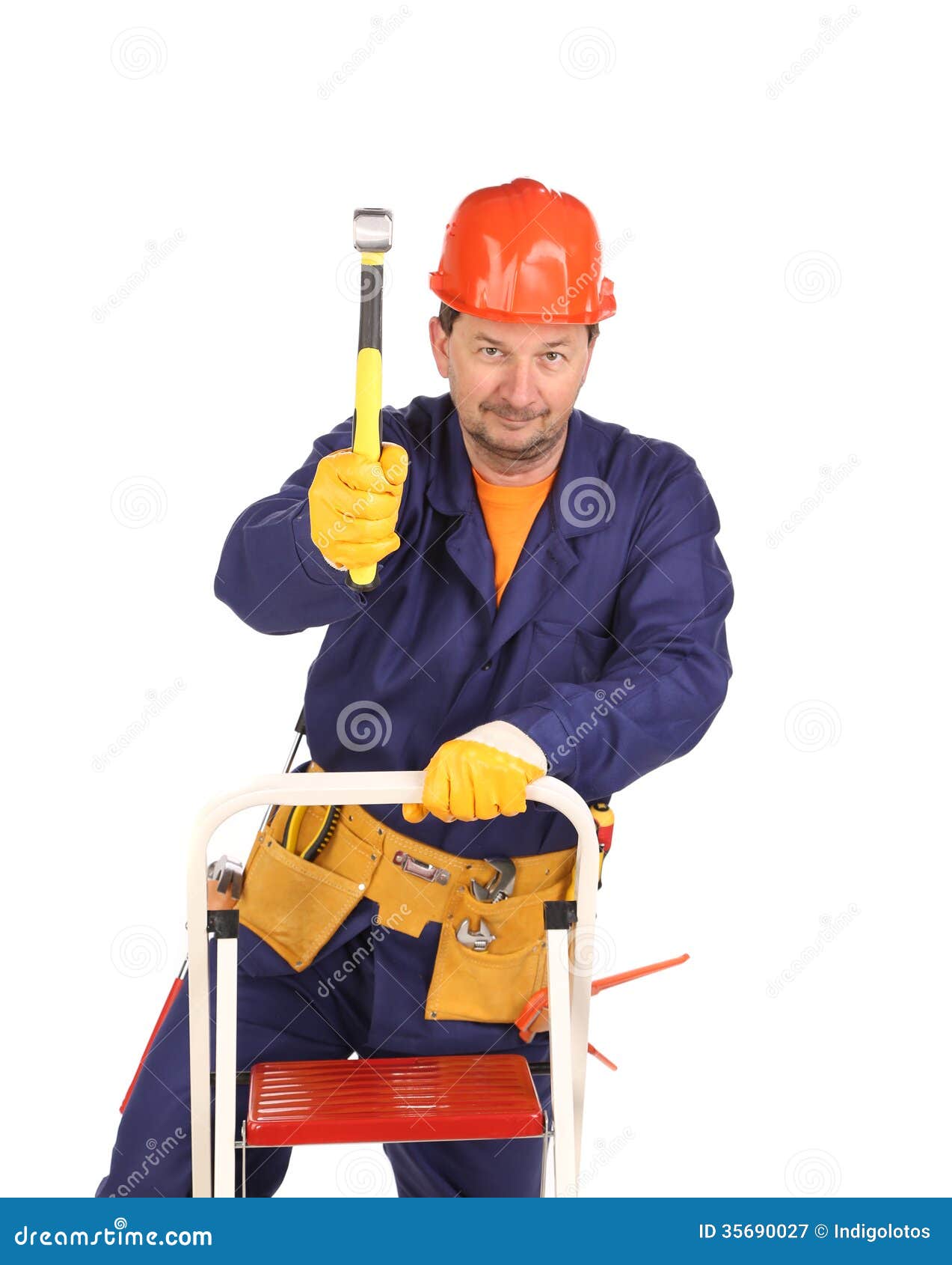 Worker on Ladder with Hammer Stock Image - Image of construction, tool ...