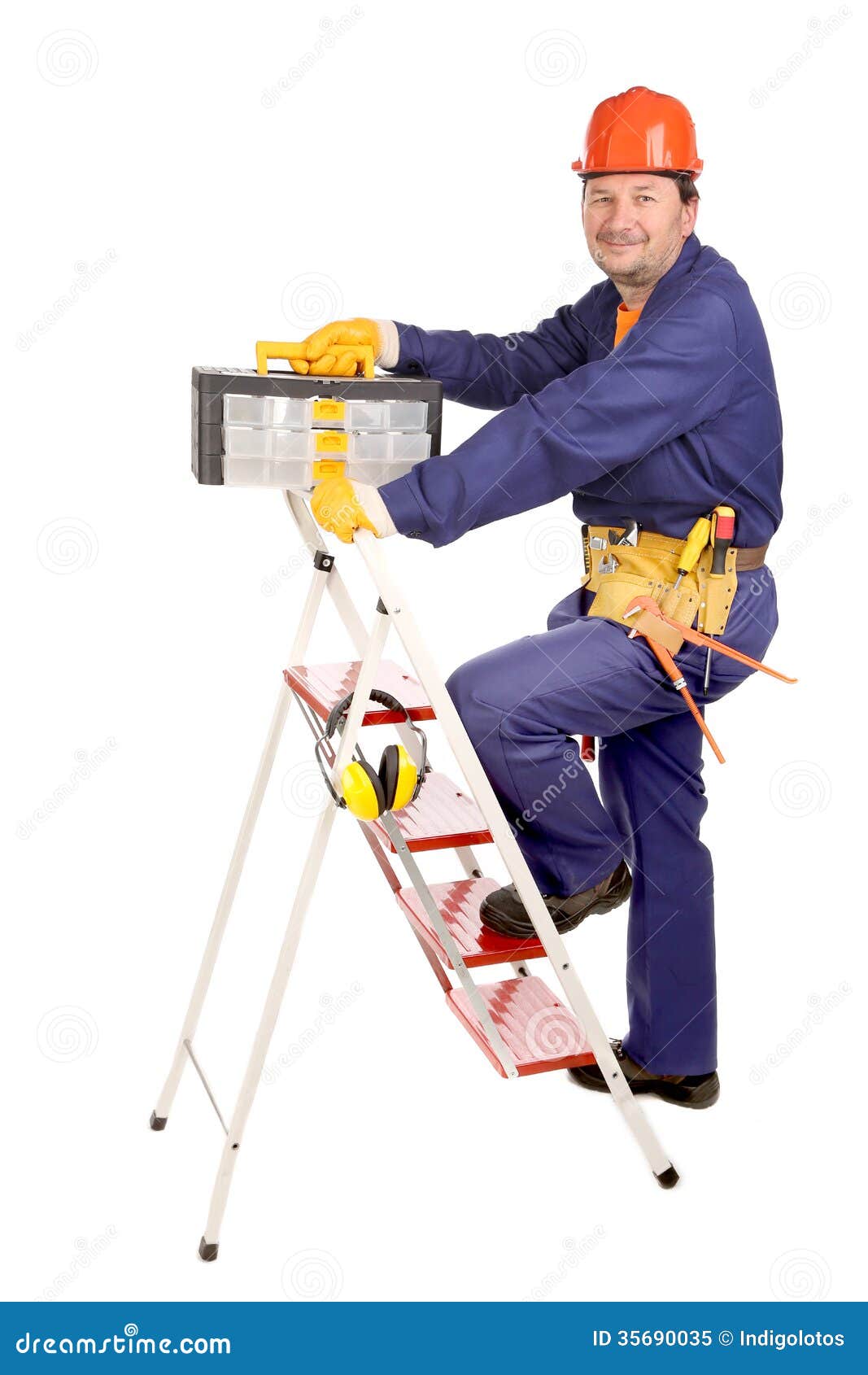 Worker on Ladder with Toolbox Stock Image - Image of pliers, service ...