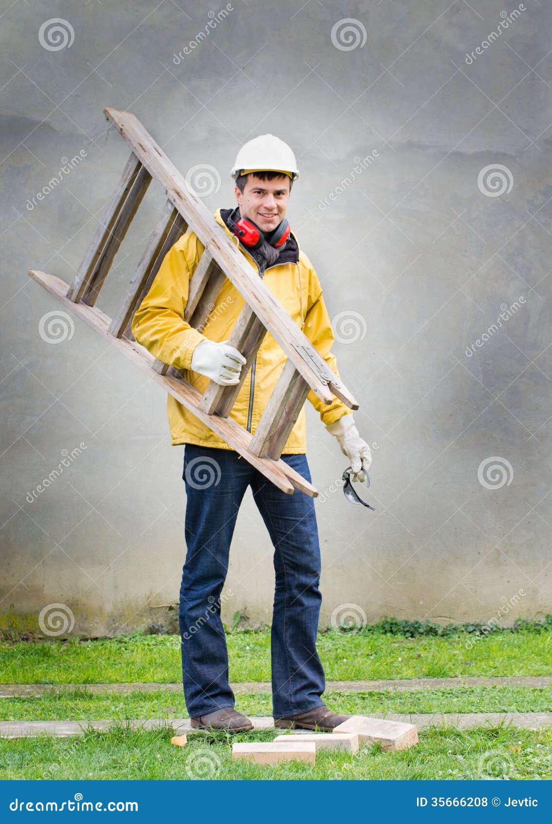 Worker with ladder stock photo. Image of equipment, industry - 35666208