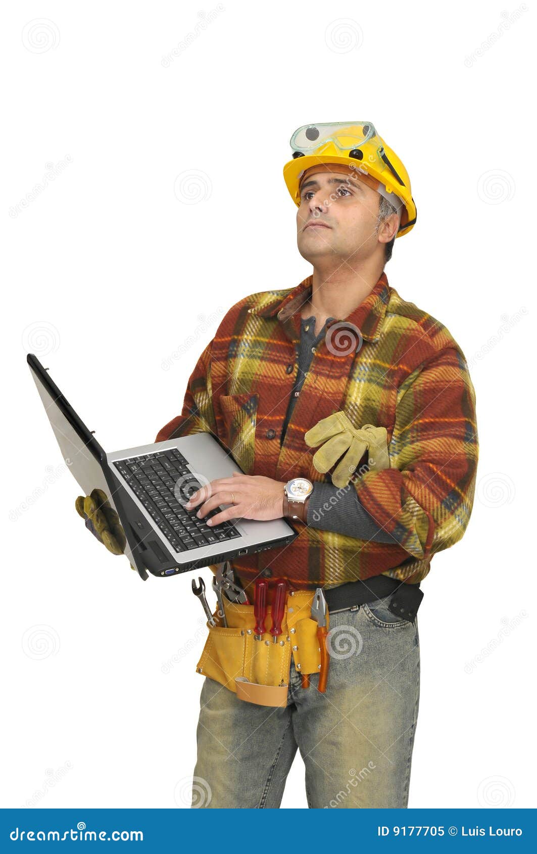 Worker with laptop stock image. Image of hardhat, glasses - 9177705