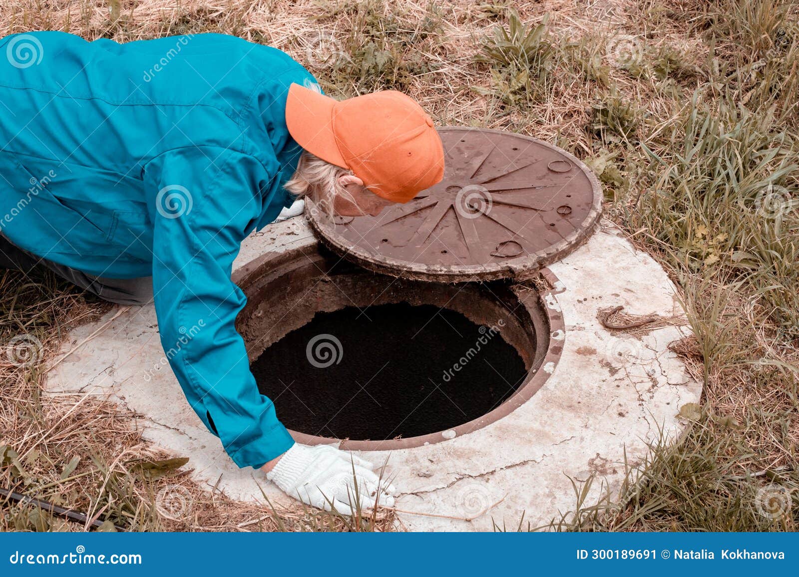 The Worker Leaned Over the Well. Plumbing Work in Rural Areas Stock ...