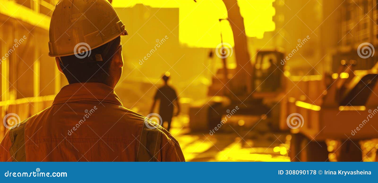 Worker Looking at a Man Walking Behind Construction Machinery and ...