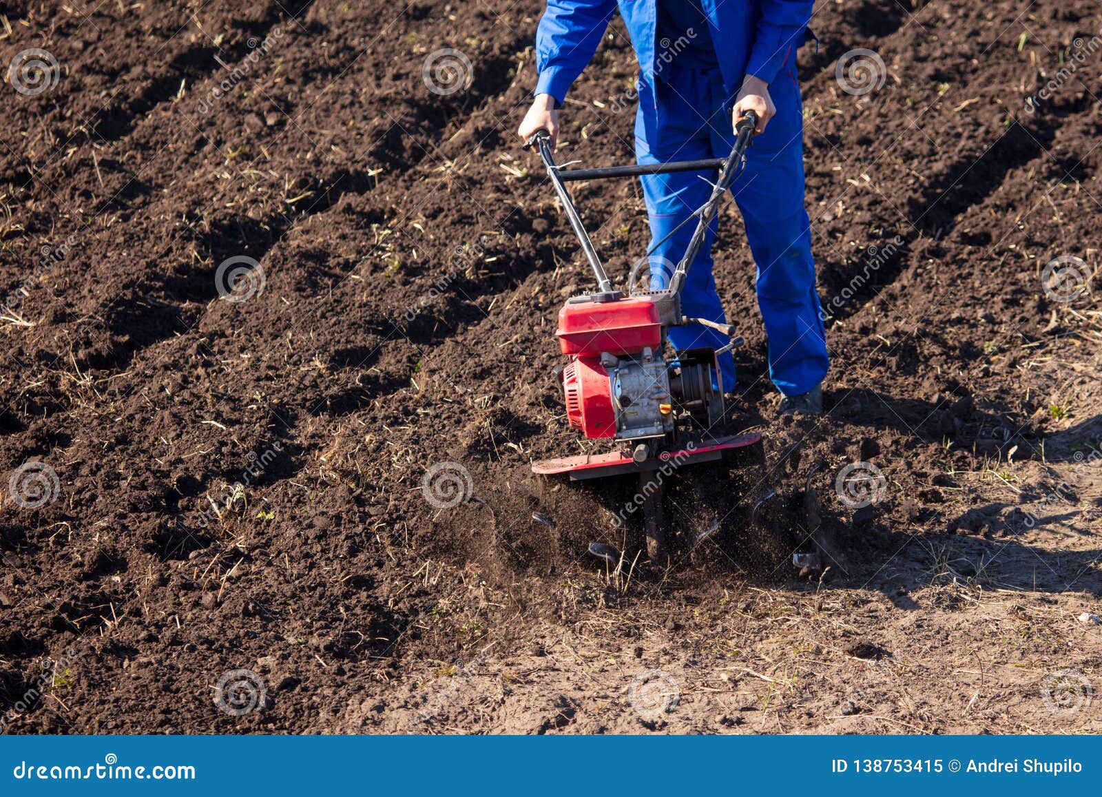 Worker with a Machine Cultivator Digs the Soil in the Garden Stock ...