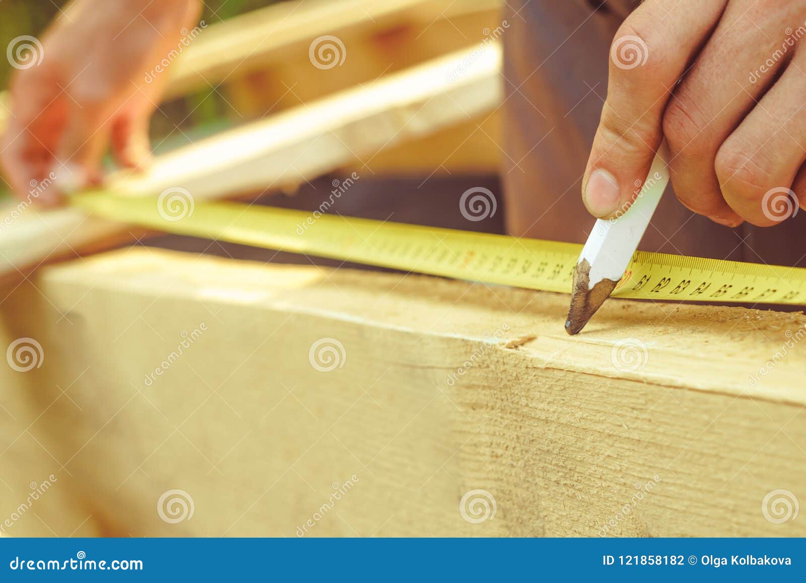 The Worker Makes Measurements with a Tape Measure Stock Photo - Image ...