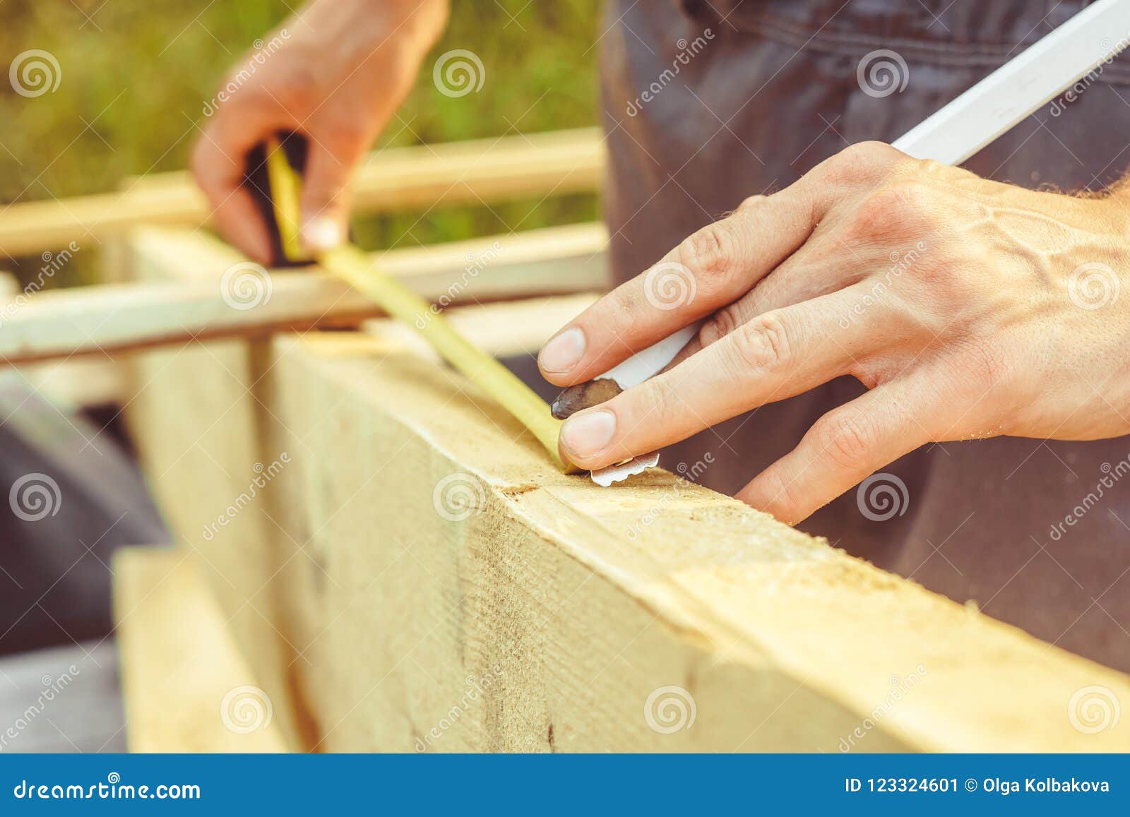 The Worker Makes Measurements with a Tape Measure Stock Image - Image ...