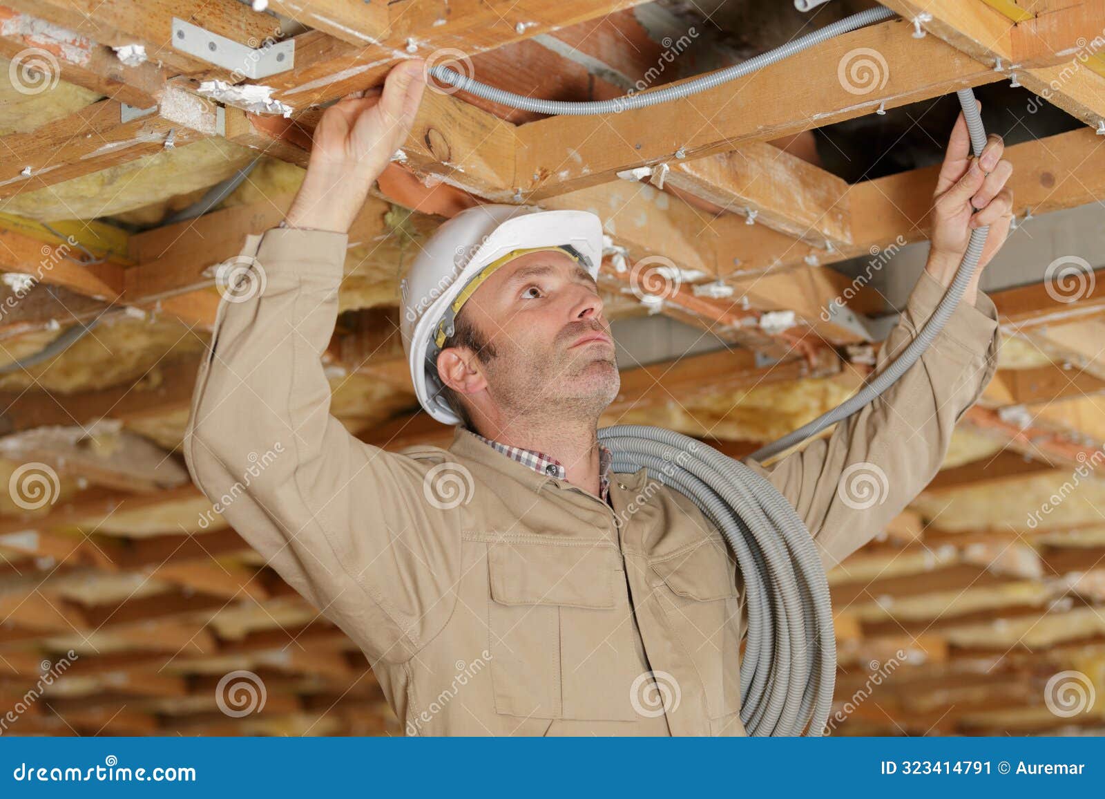 Worker Making Mounting for Electric Cable in Ceiling Stock Image ...