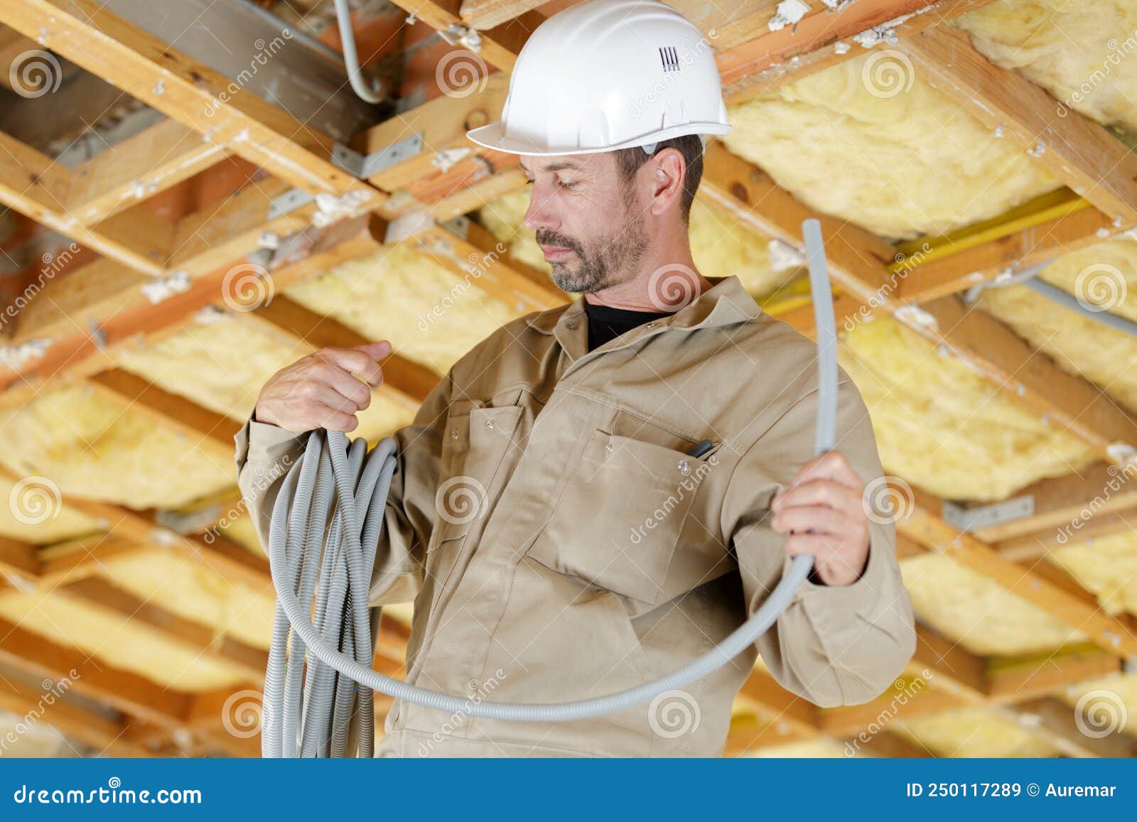 Worker Making Mounting for Electric Cable in Ceiling Stock Image ...